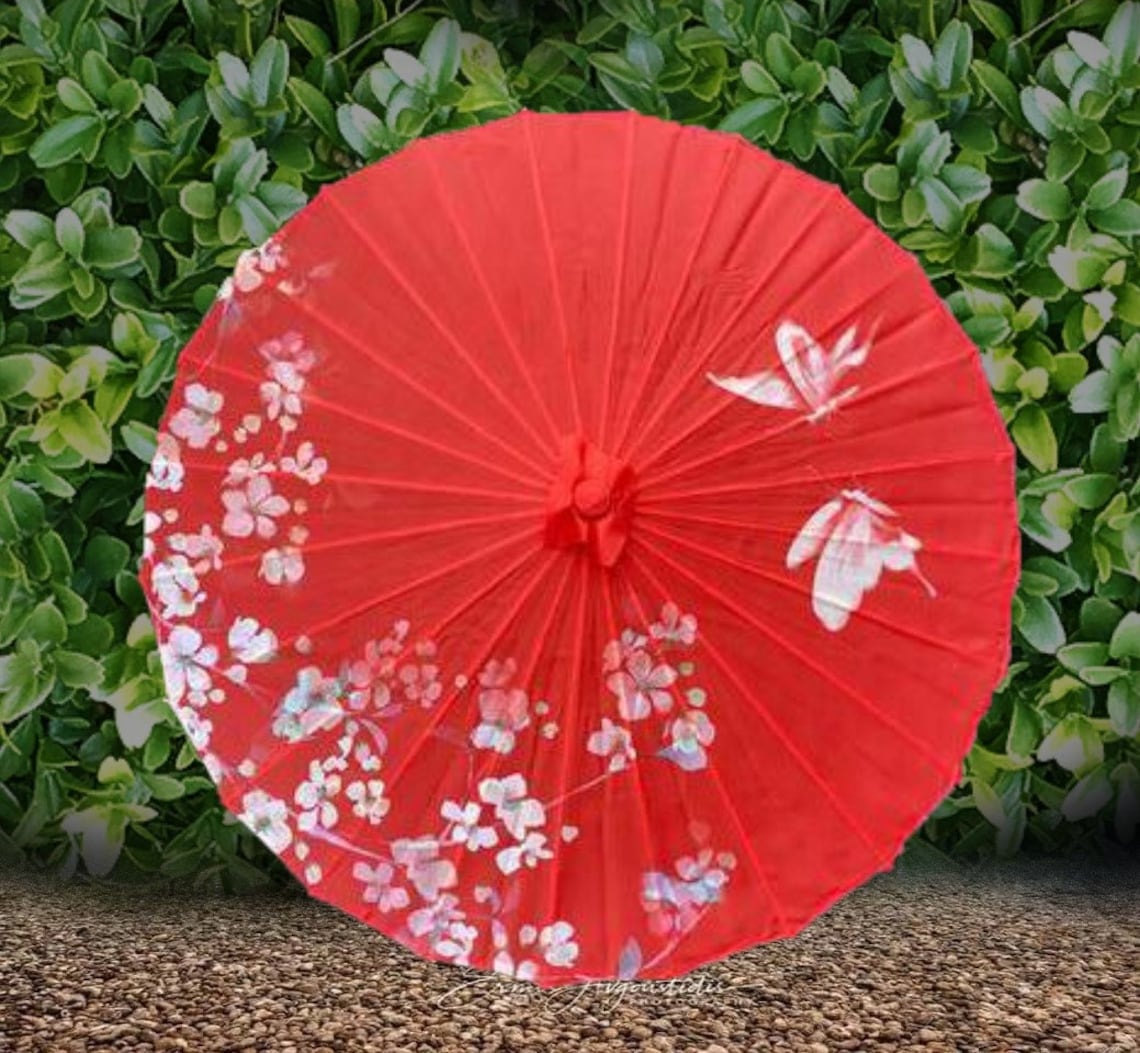 82cm Red Silk Cloth Parasol With Pionyes Vintage Handcrafted ...