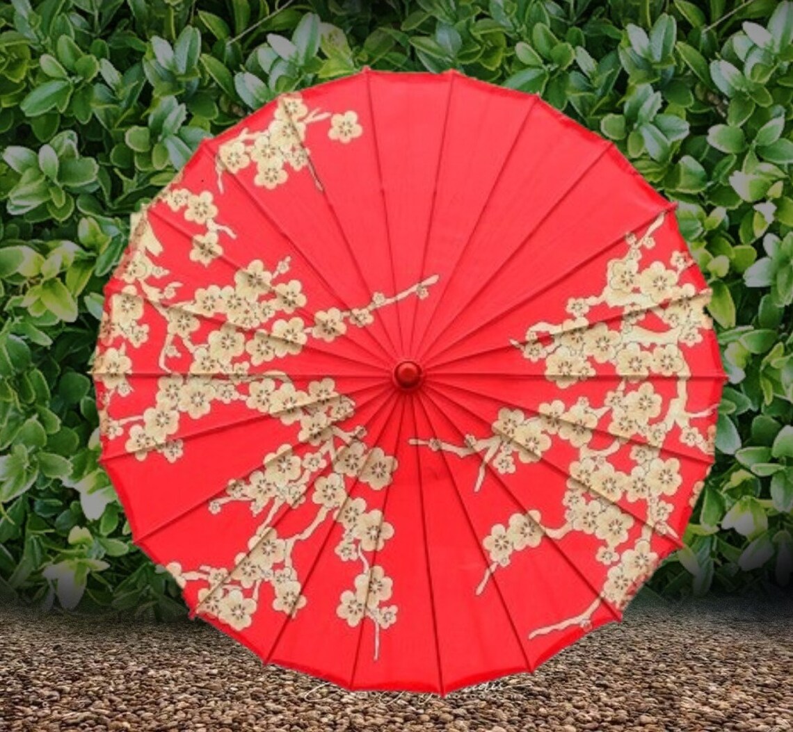 82cm Red Silk Cloth Parasol With Pionyes Vintage Handcrafted ...