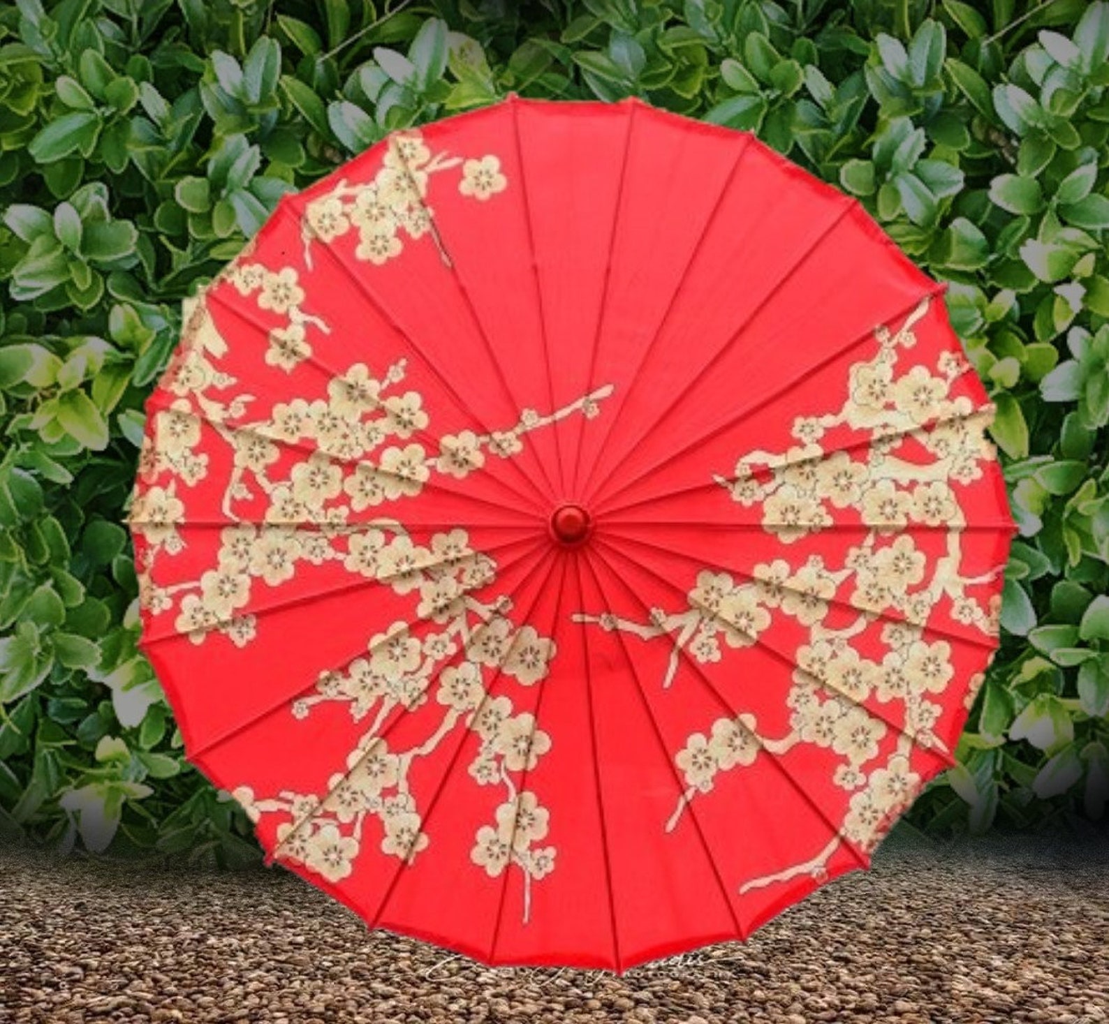 82cm Red Silk Cloth Parasol With Pionyes Vintage Handcrafted ...