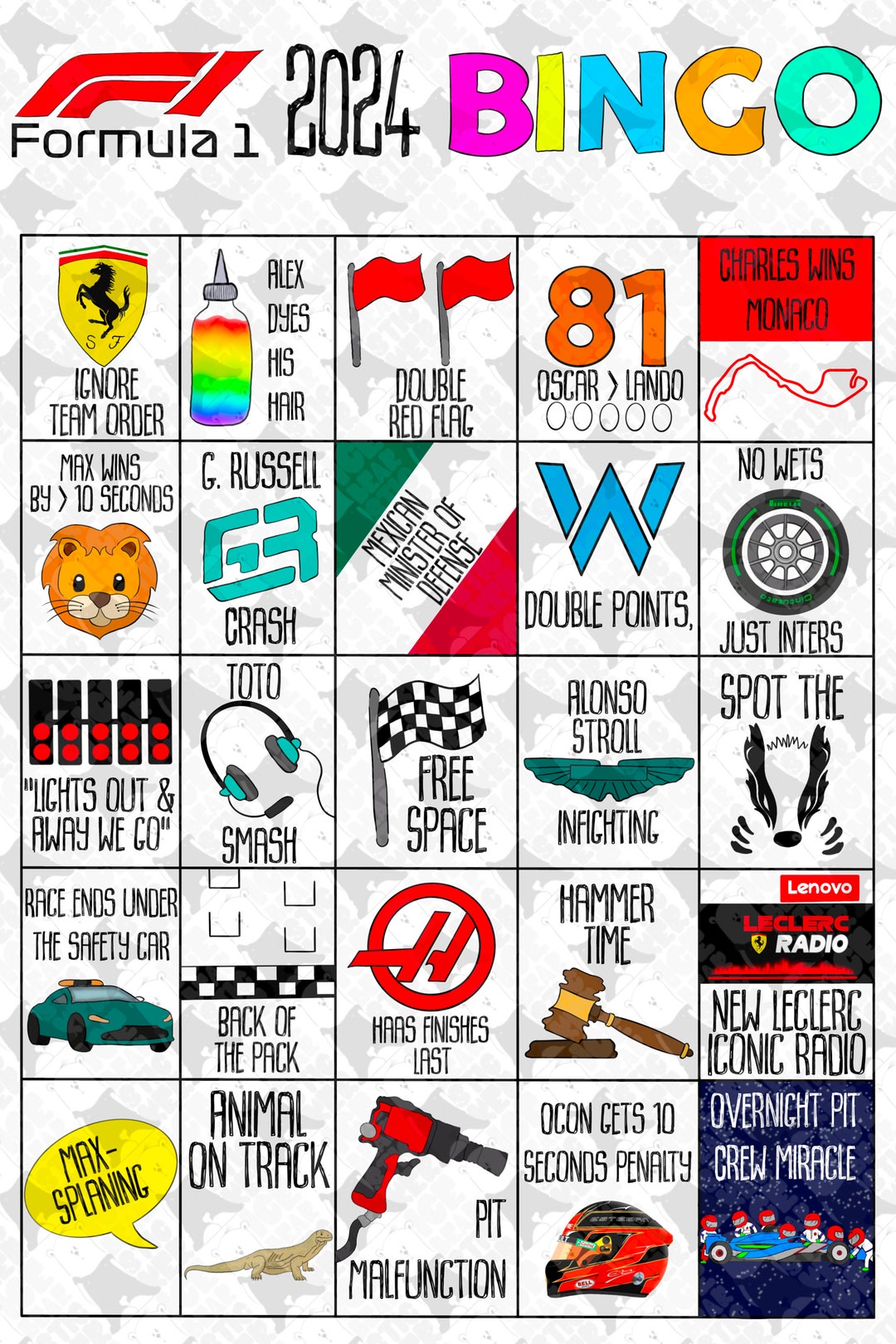 Formula 1 Bingo 2024 Digital Download Formula 1 Bingo Card Formula 1 Bingo PNG Formula One Bingo ...