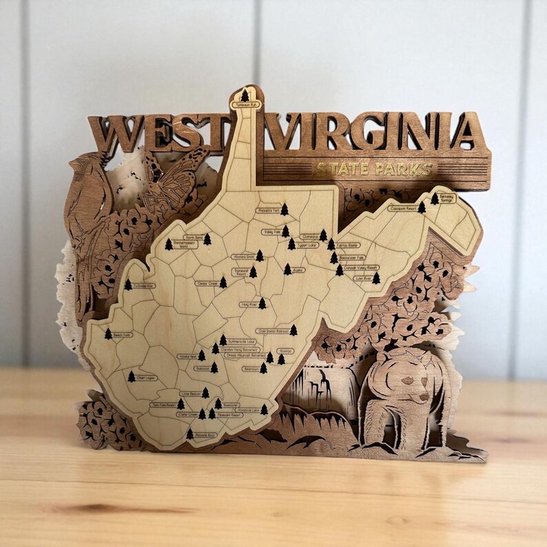 Hand-painted WV State Park Map: Laser-cut Wood Art With Tree Trackers ...