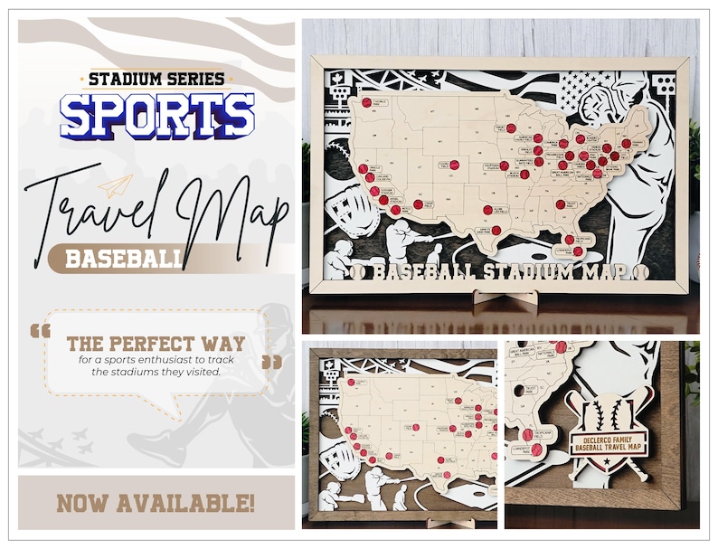 Personalized, Baseball Stadium Travel Map, Gift for Him, Wood, Laser ...