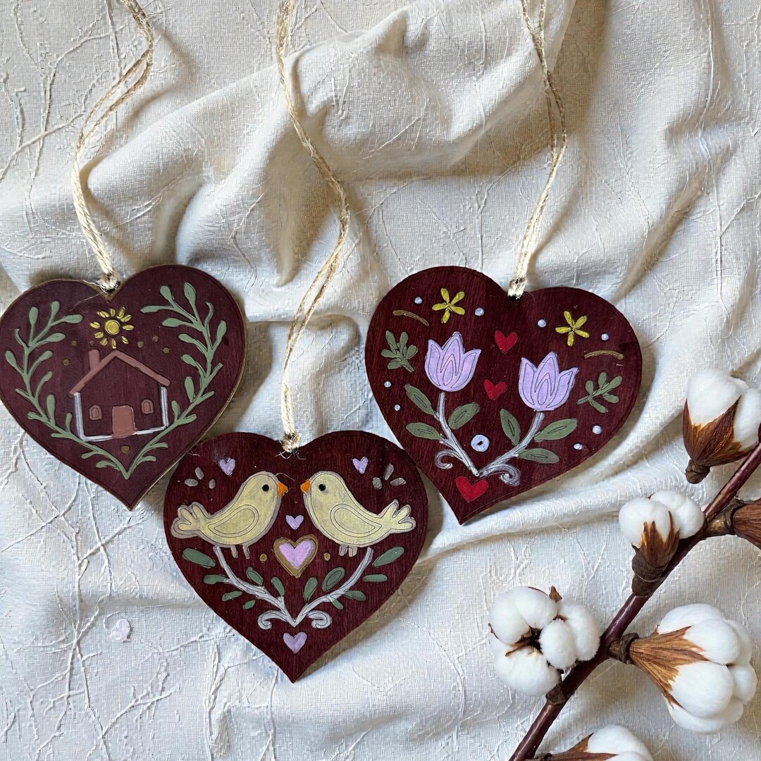 Hand Painted Wooden Heart Ornaments | Rustic Folk Art Valentine Decor ...