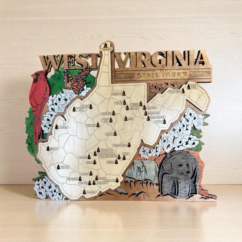 Hand-painted WV State Park Map: Laser-cut Wood Art With Tree Trackers ...