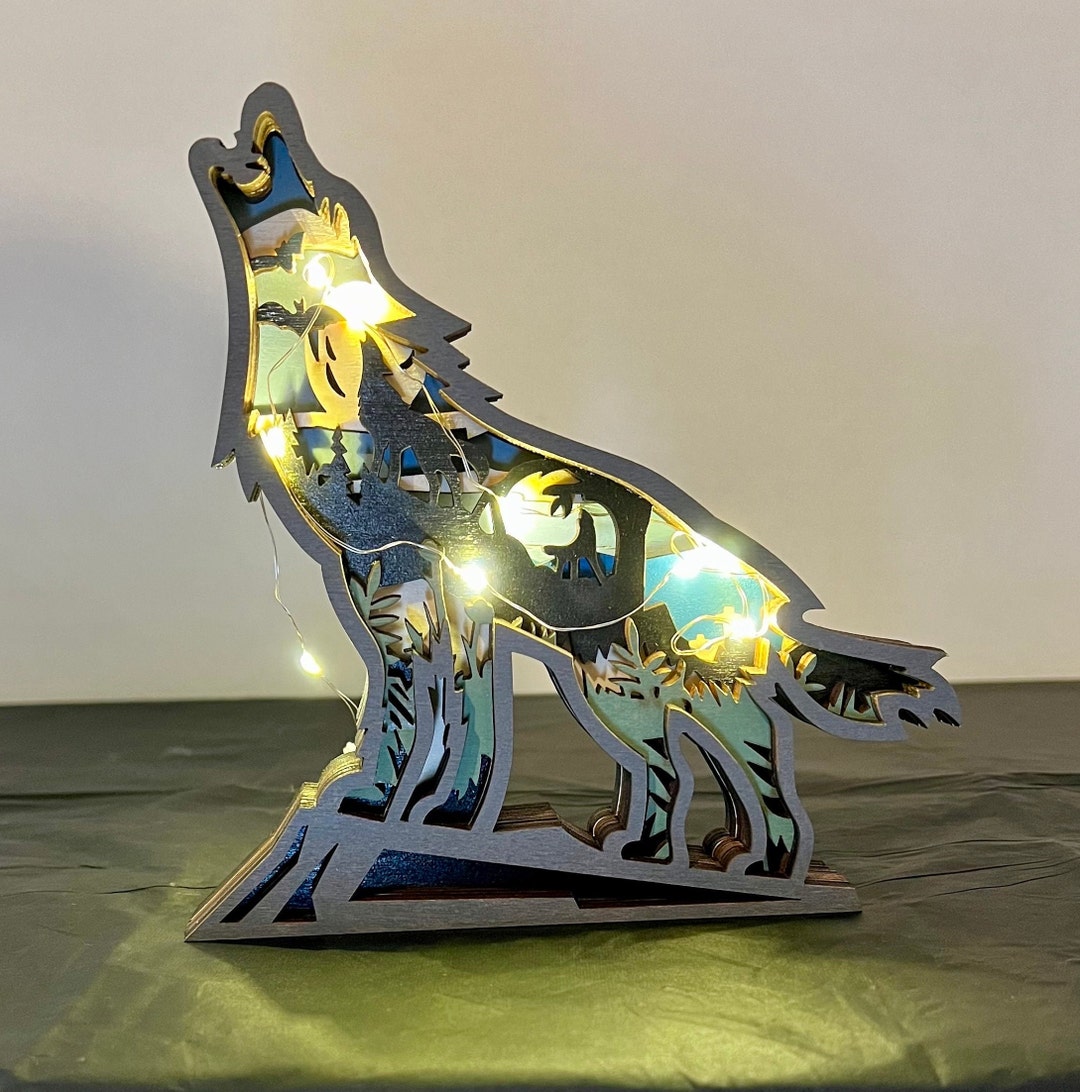 3D Wooden Wolf Desktop Decoration With Led Light - Etsy