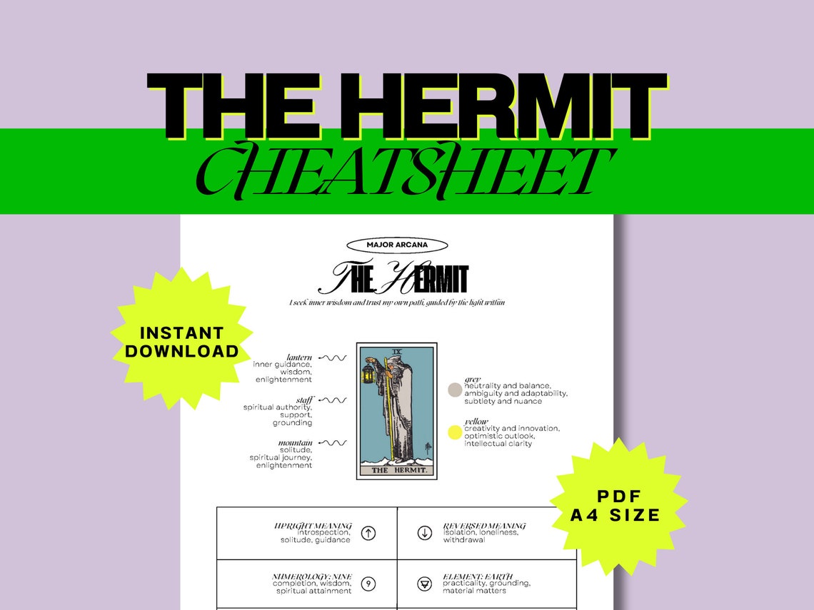 The Hermit Tarot Cheat Sheet - Detailed A4 PDF | Upright & Reversed ...