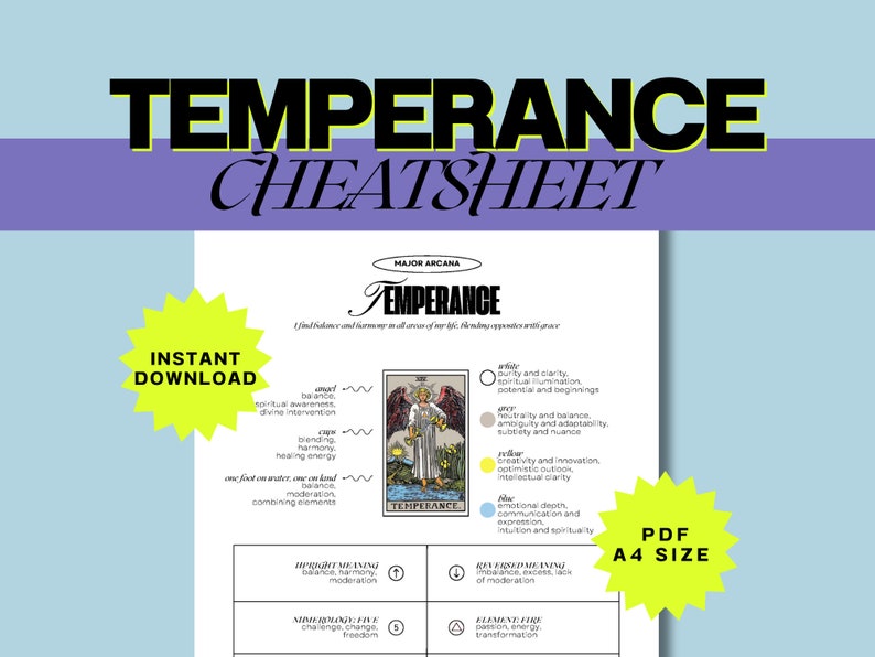 Temperance Tarot Cheat Sheet - Detailed A4 PDF | Upright & Reversed ...