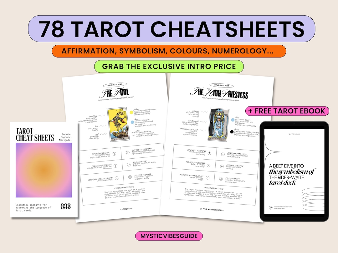 Tarot Symbolism Cheat Sheets | 78 Rider Waite Card Meaning for Beginner ...