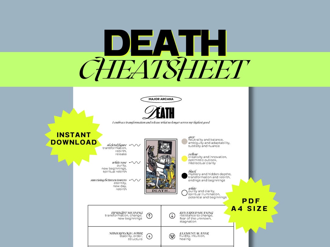 Death Tarot Cheat Sheet - Detailed A4 PDF | Upright & Reversed Meanings ...