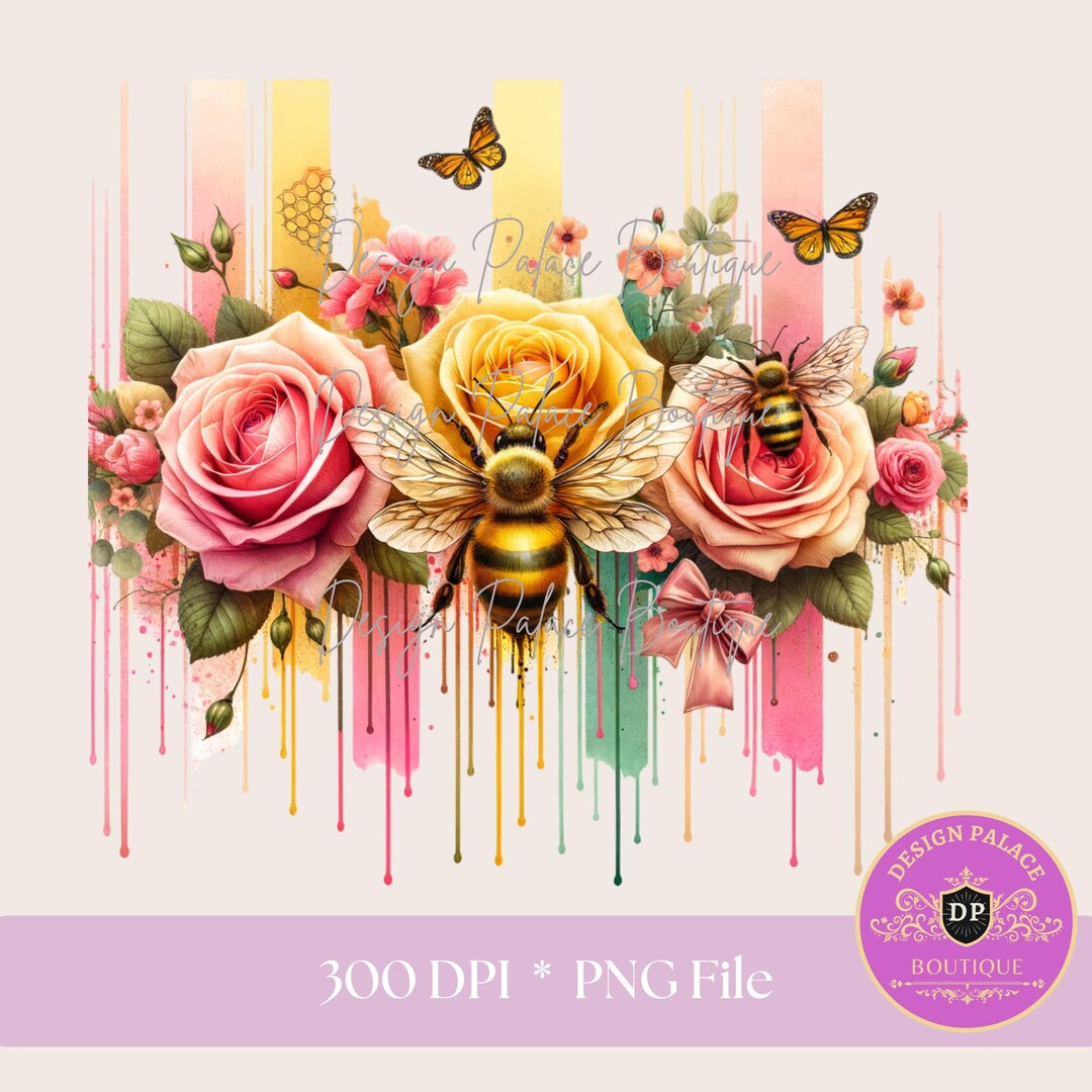Bees and Roses Brushstroke Digital PNG, Instant Download, Spring Floral ...