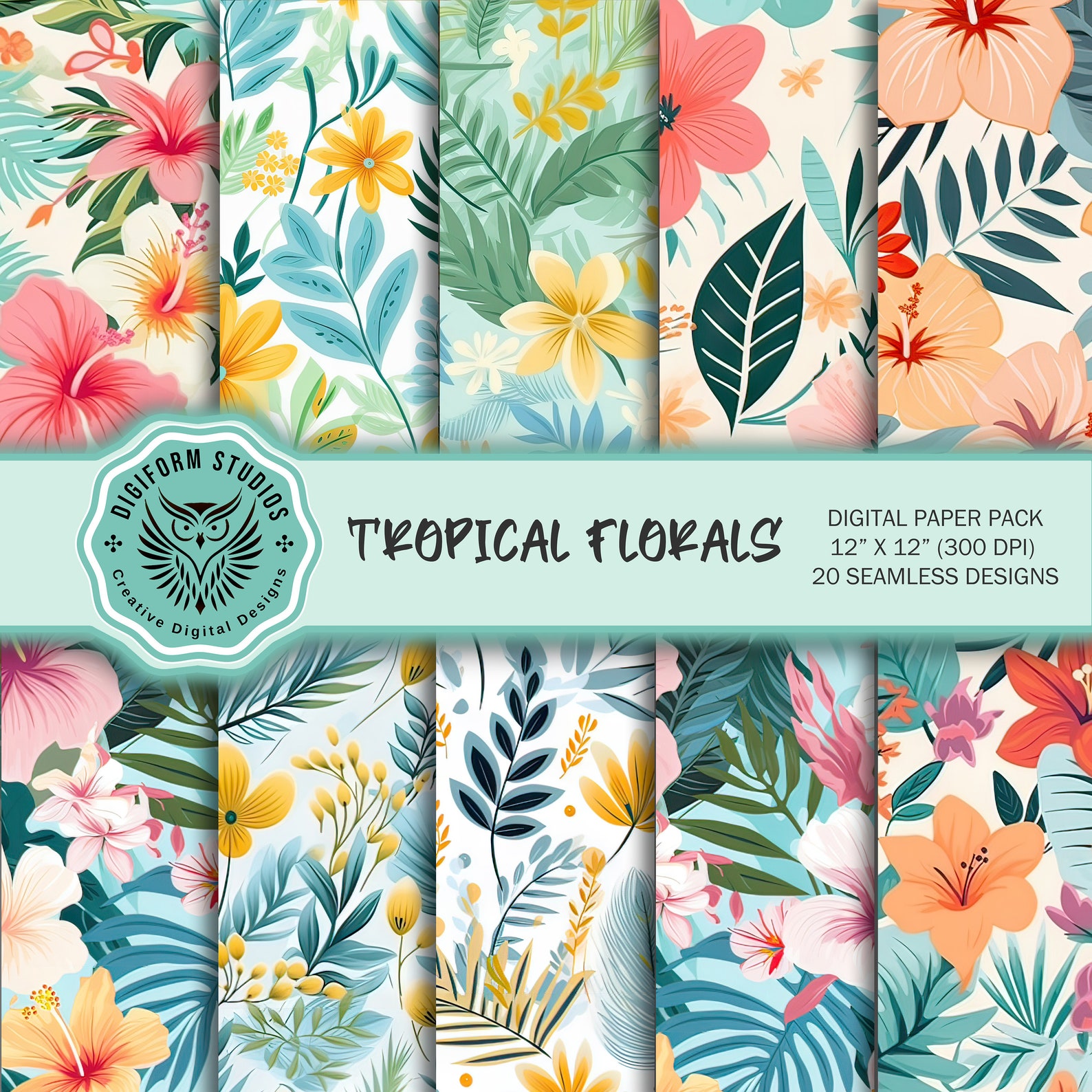 Tropical Floral Digital Paper 20 Pack, Scrapbook Papers, Seamless Patterns, Printable ...