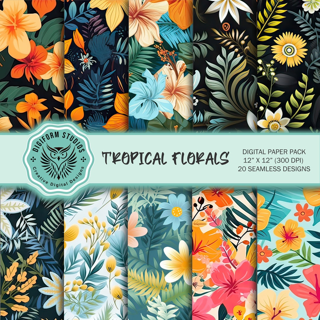 Tropical Floral Digital Paper 20 Pack, Scrapbook Papers, Seamless ...