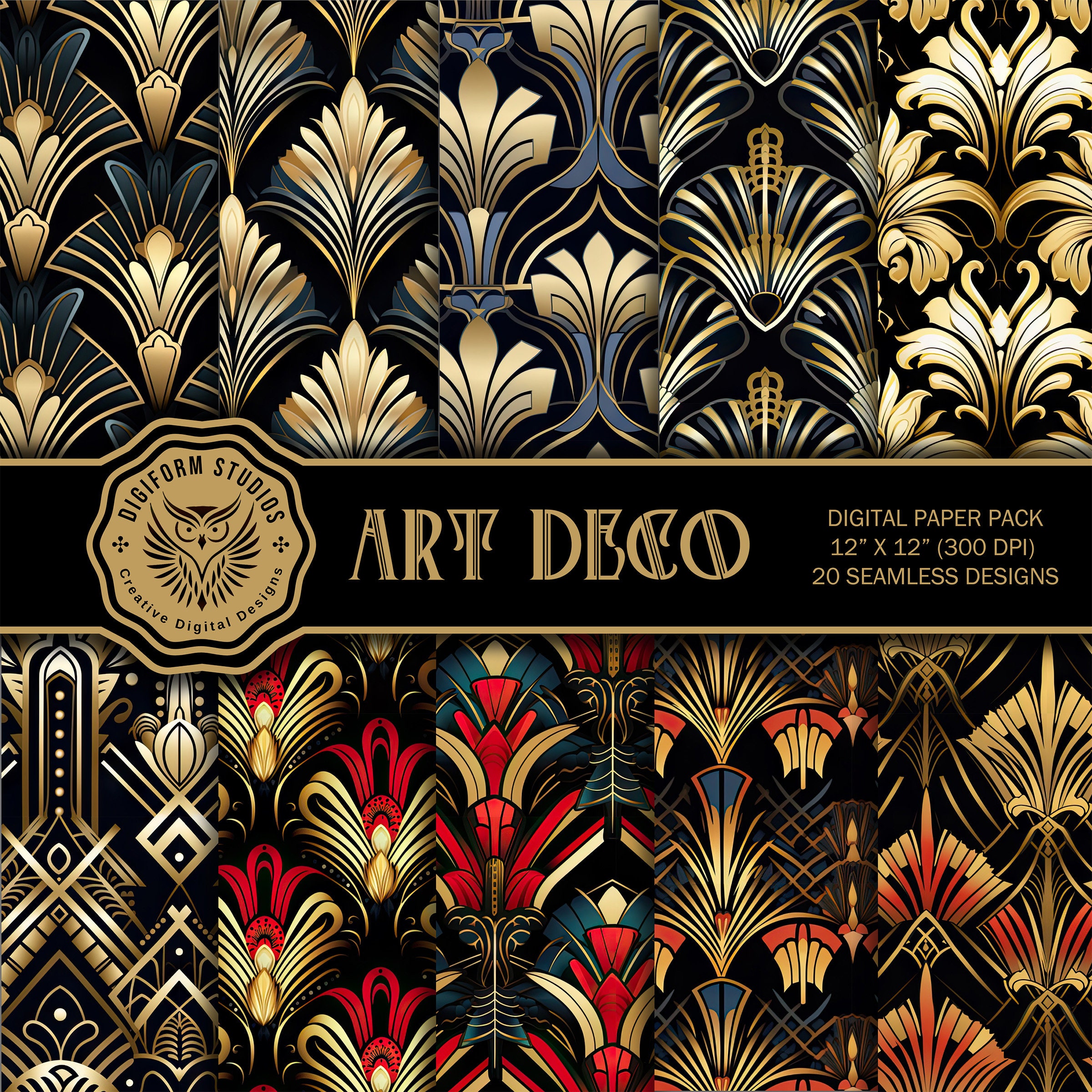 3D Art Deco Digital Paper 20 Pack, Scrapbook Papers, Seamless Patterns ...