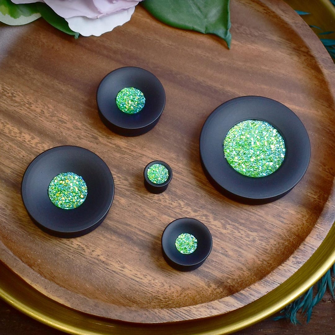 Concave Ear Plugs 10-100mm With Sugar Green Druzy | Pair | Concave ...