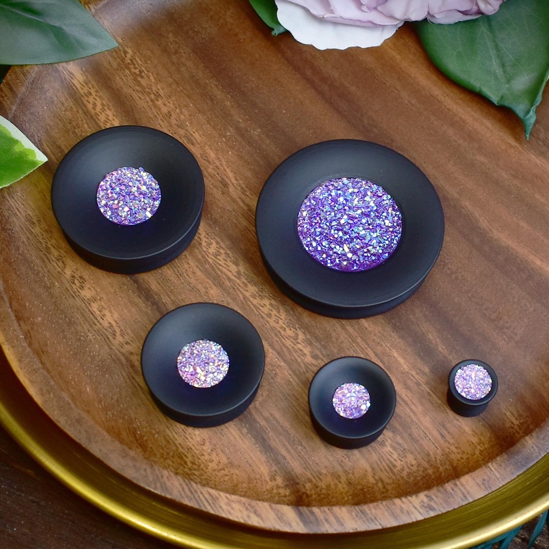 Concave Ear Plugs 10-100mm With Sugar Purple Druzy | Pair | Concave ...