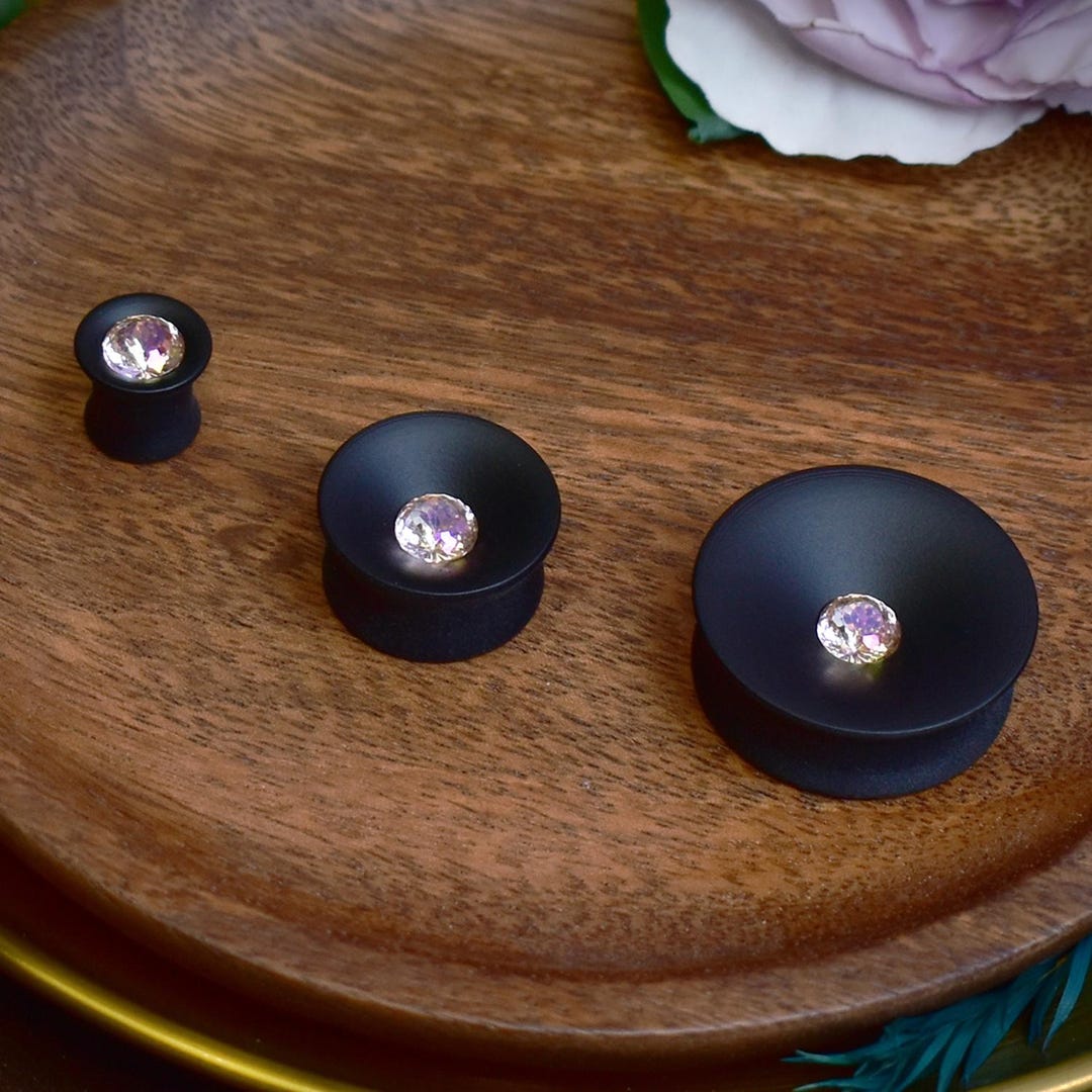 Concave Ear Plugs 10-100mm With Champagne Pink Glass Crystal | Pair ...