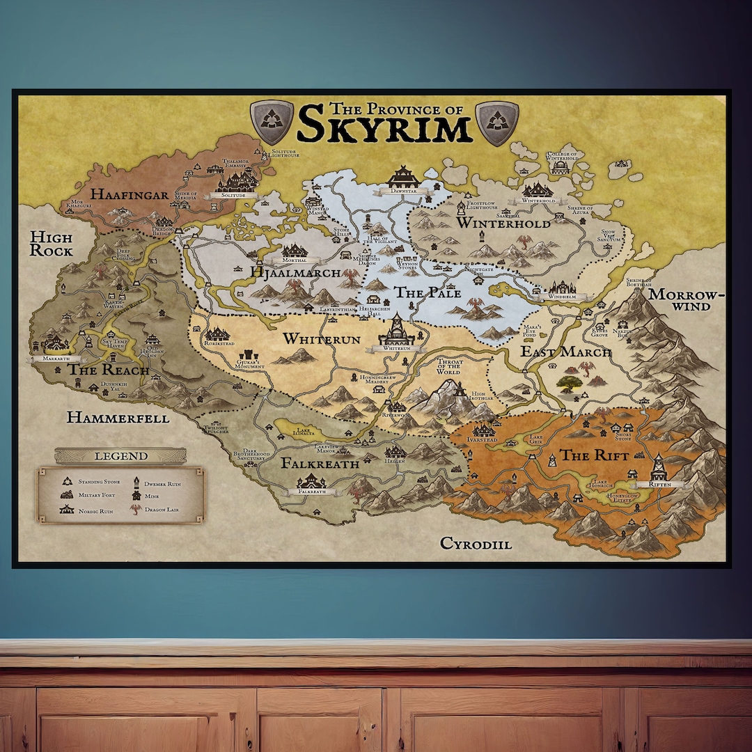 The Elder Scrolls Skyrim Map Poster, Canvas Wall Art, Rolled Canvas Print, Canvas Wall Print ...