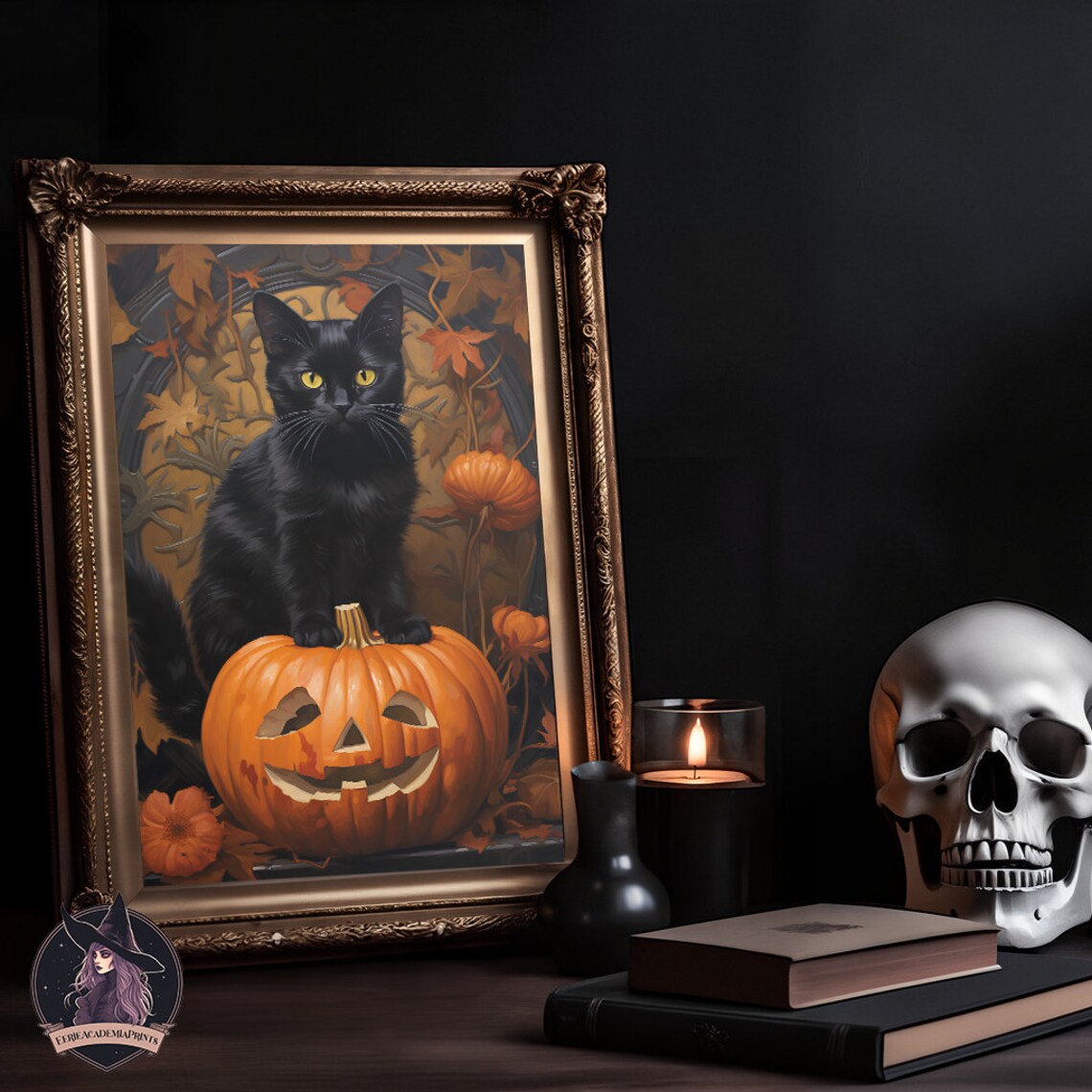Black Cat Halloween Poster, Dark Academia, Gothic Decor, Satanic Decor ...