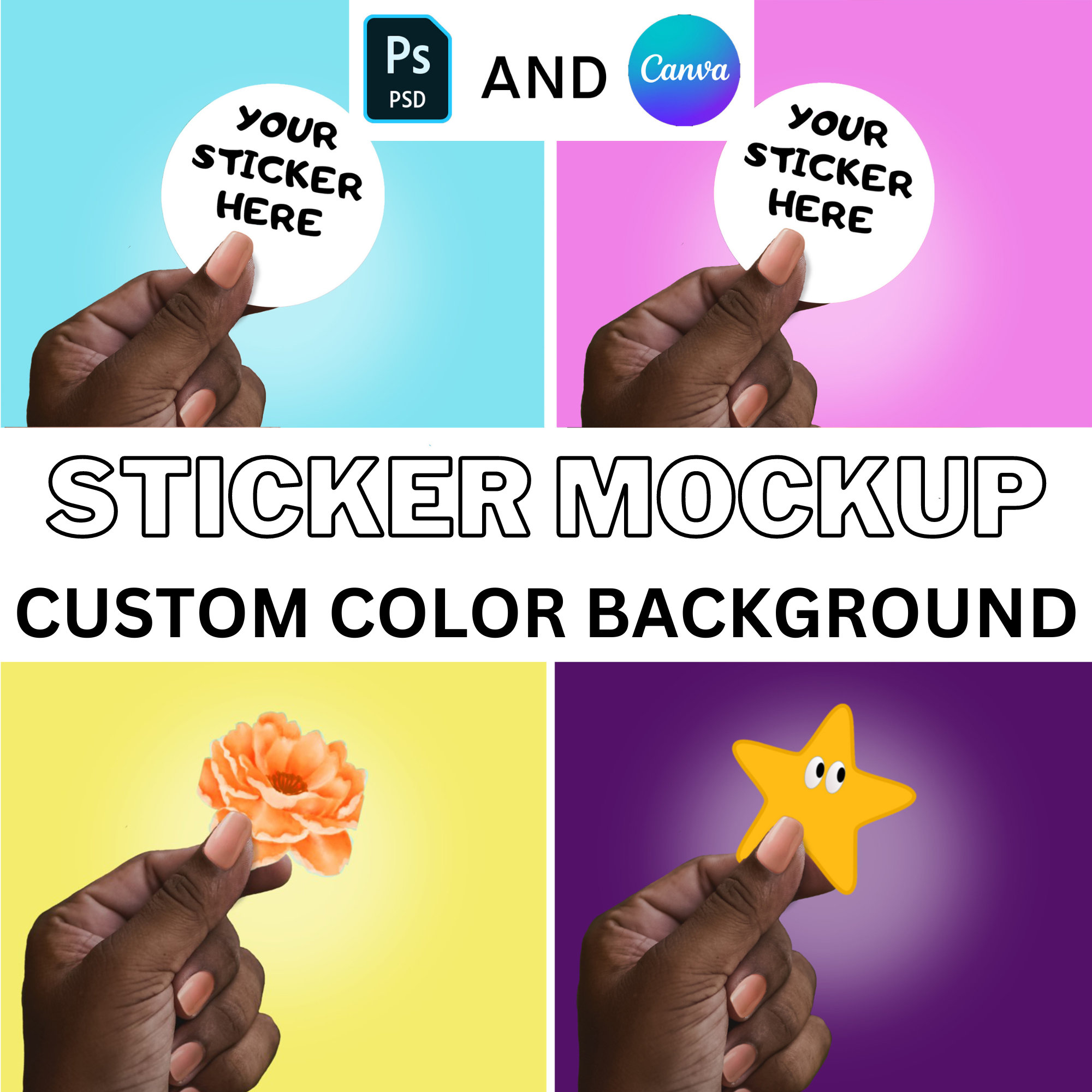 Black Hand Sticker Mockup Custom Color Background, Canva, Photoshop PSD ...