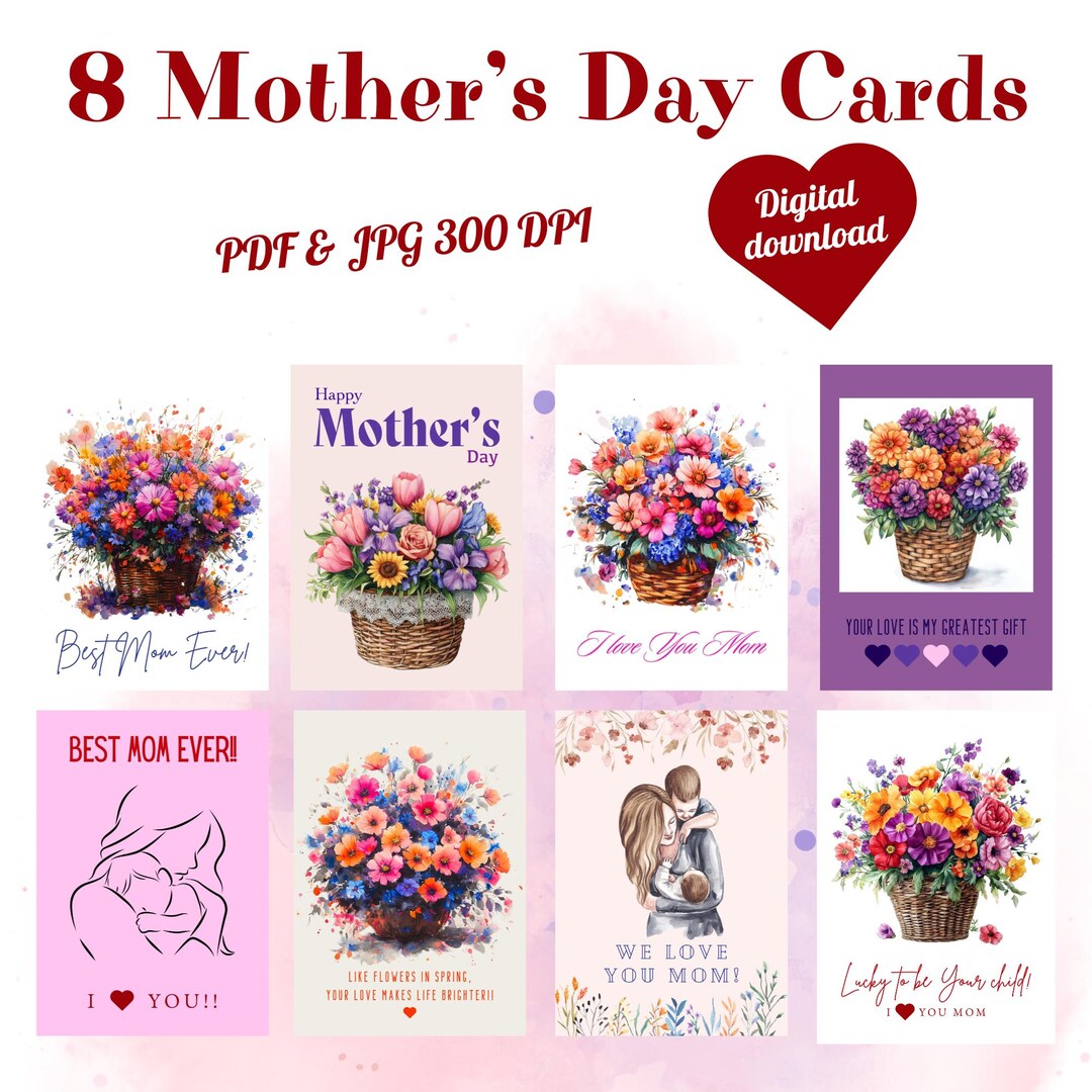 8 Printable Mother's Day Cards | Digital Floral Cards for Mom | Mothere ...