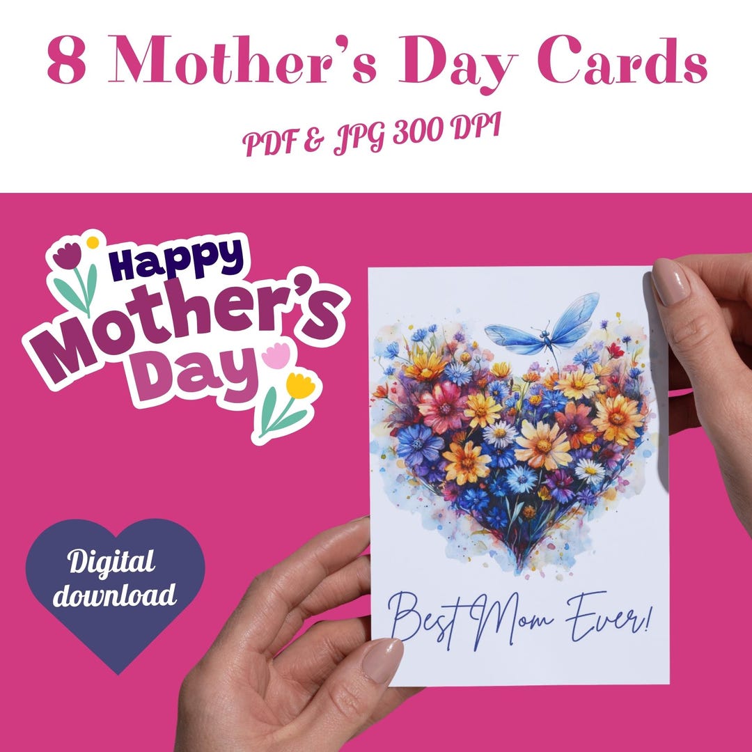 Floral Mother's Day Cards Set: Printable Heart Designs (digital ...