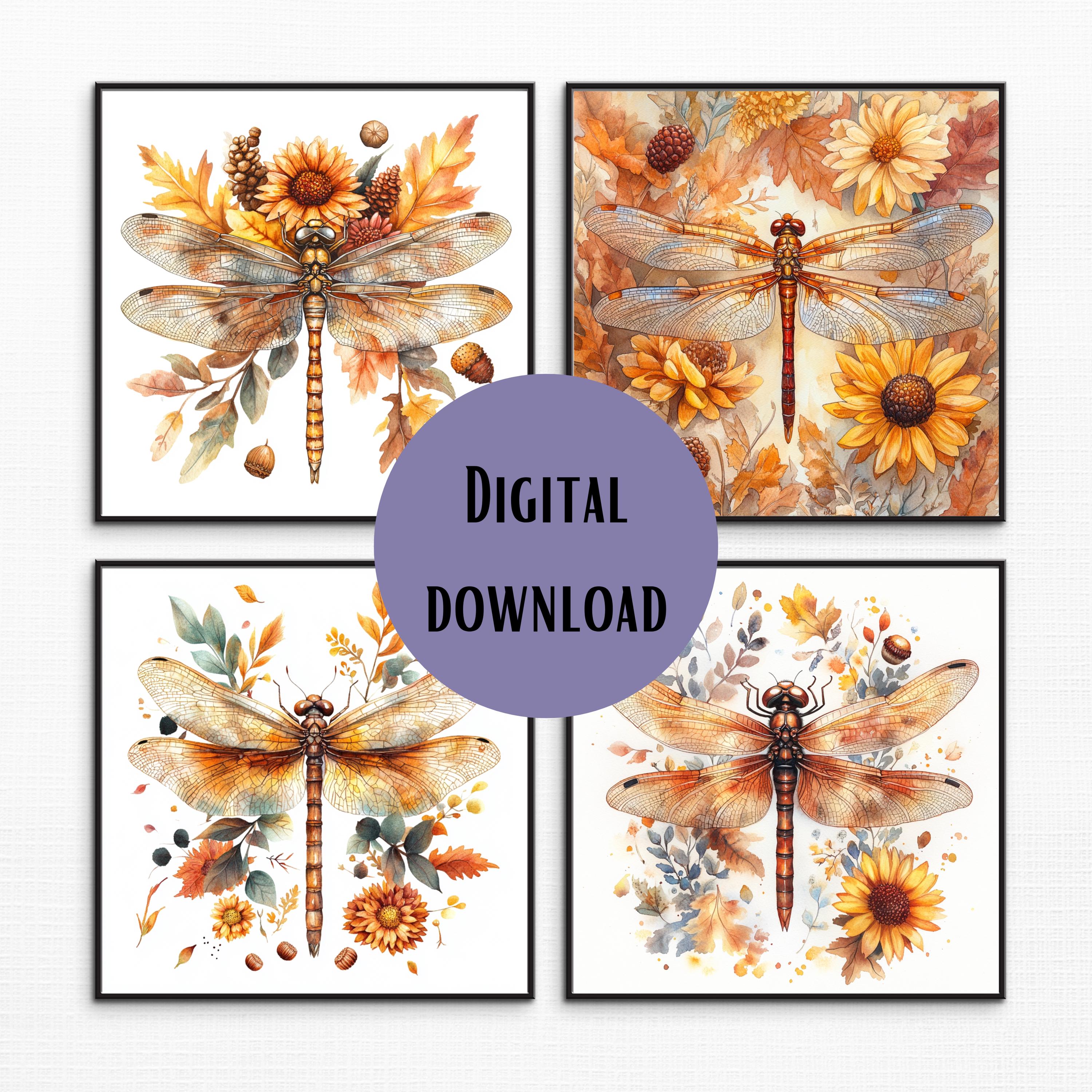 Autumn Dragonfly Watercolor Print Set: Fall Decor (digital Download) - Etsy