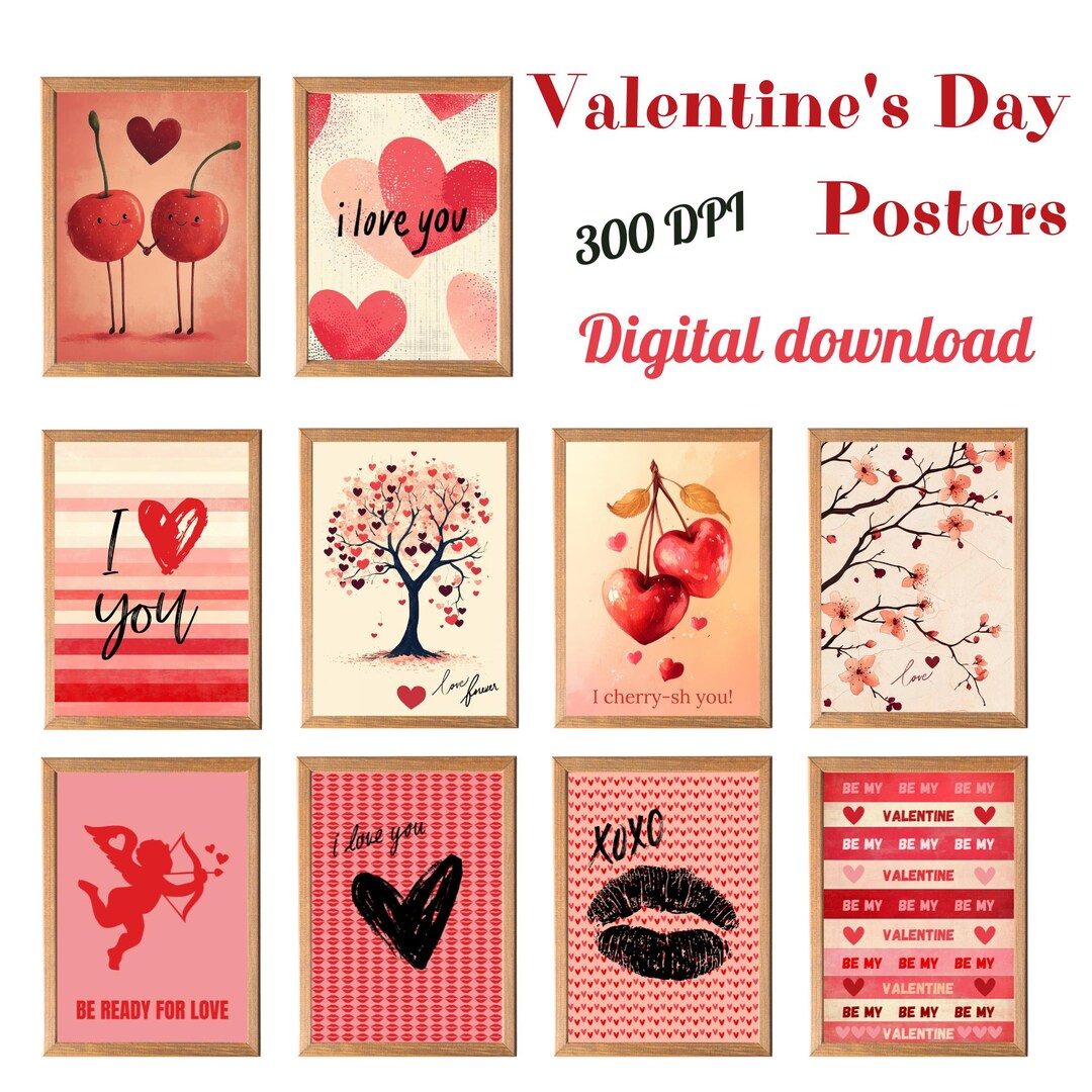 Valentine's Day Printable Poster Set: Cherry Blossom, Cupid, Hearts ...