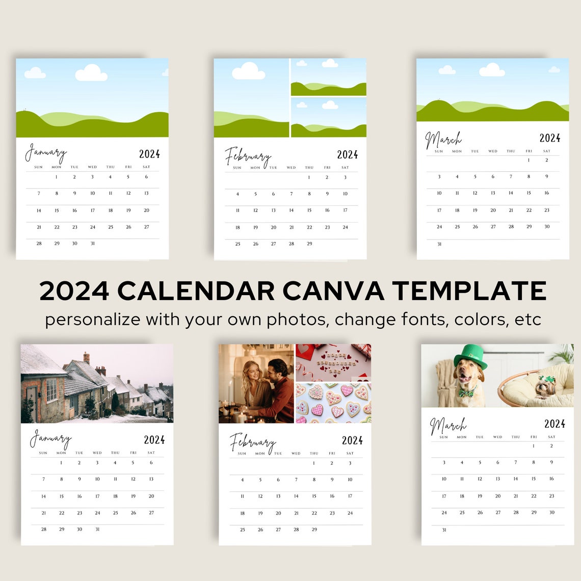 Fully Editable 2024 Calendar Canva Template, Ready to Print, Calendar ...