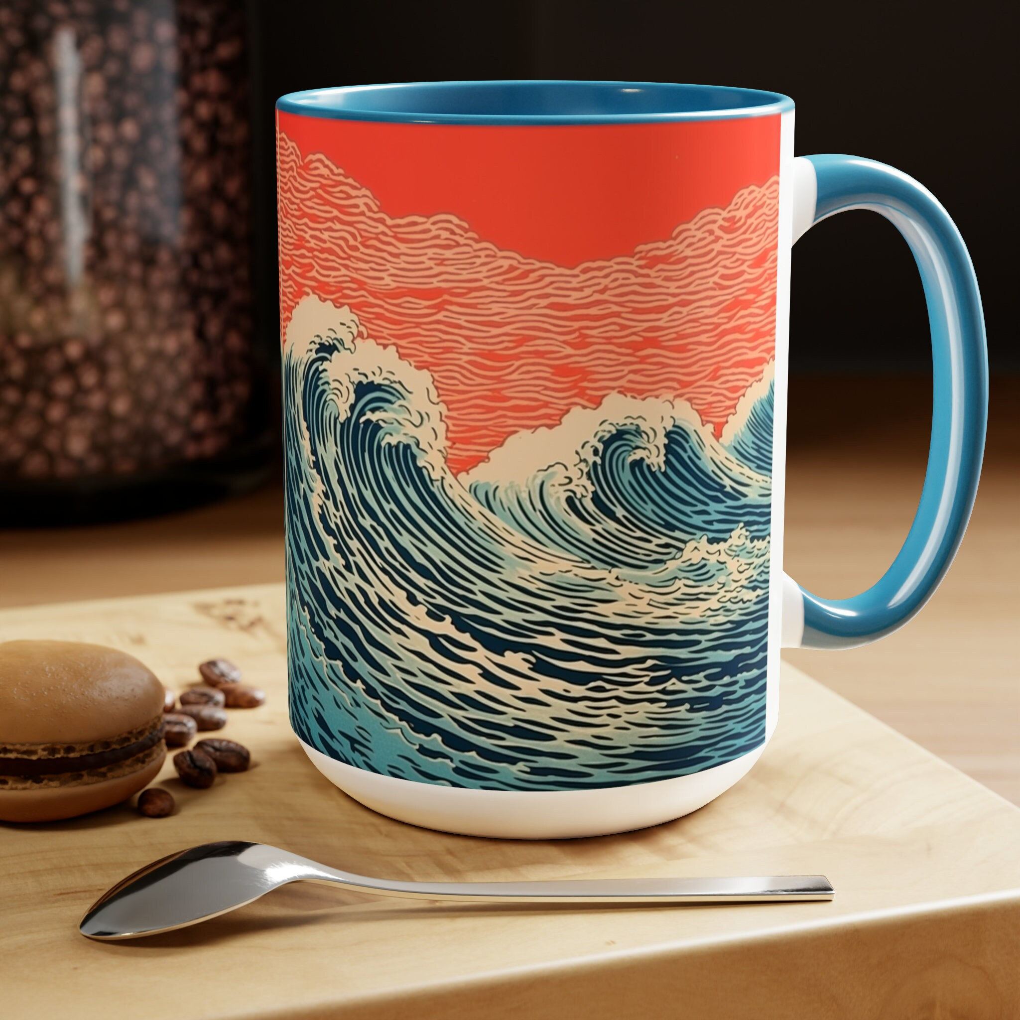 Retro Ocean Waves Graphic Large Coffee Mug, Beach Waves Coffee Mug ...