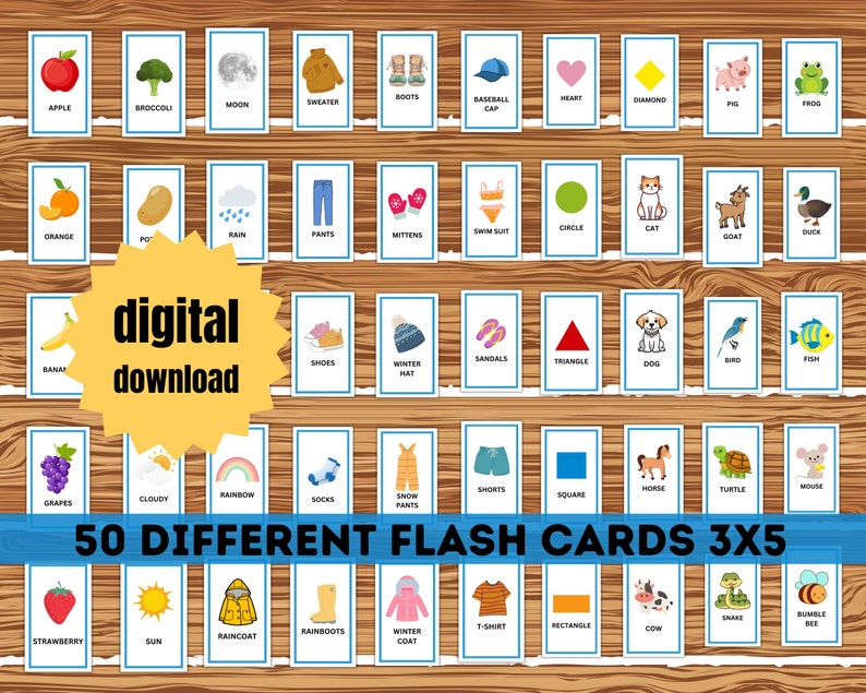 50 Printable Flash Cards for Kids, Pre-k Flash Cards, Fruits, Farm ...