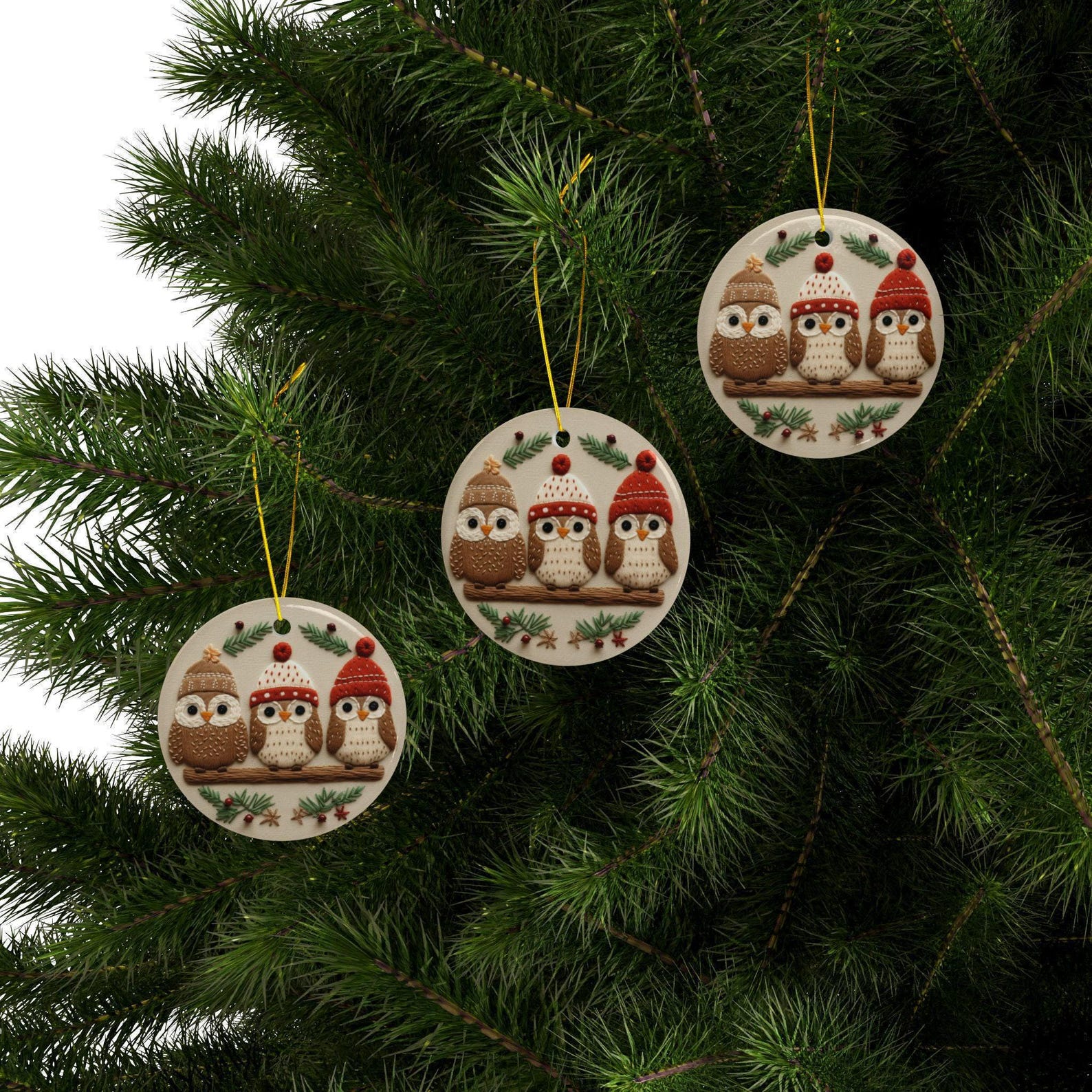 Embroidery Inspired Owls Ceramic Christmas Ornament - Etsy