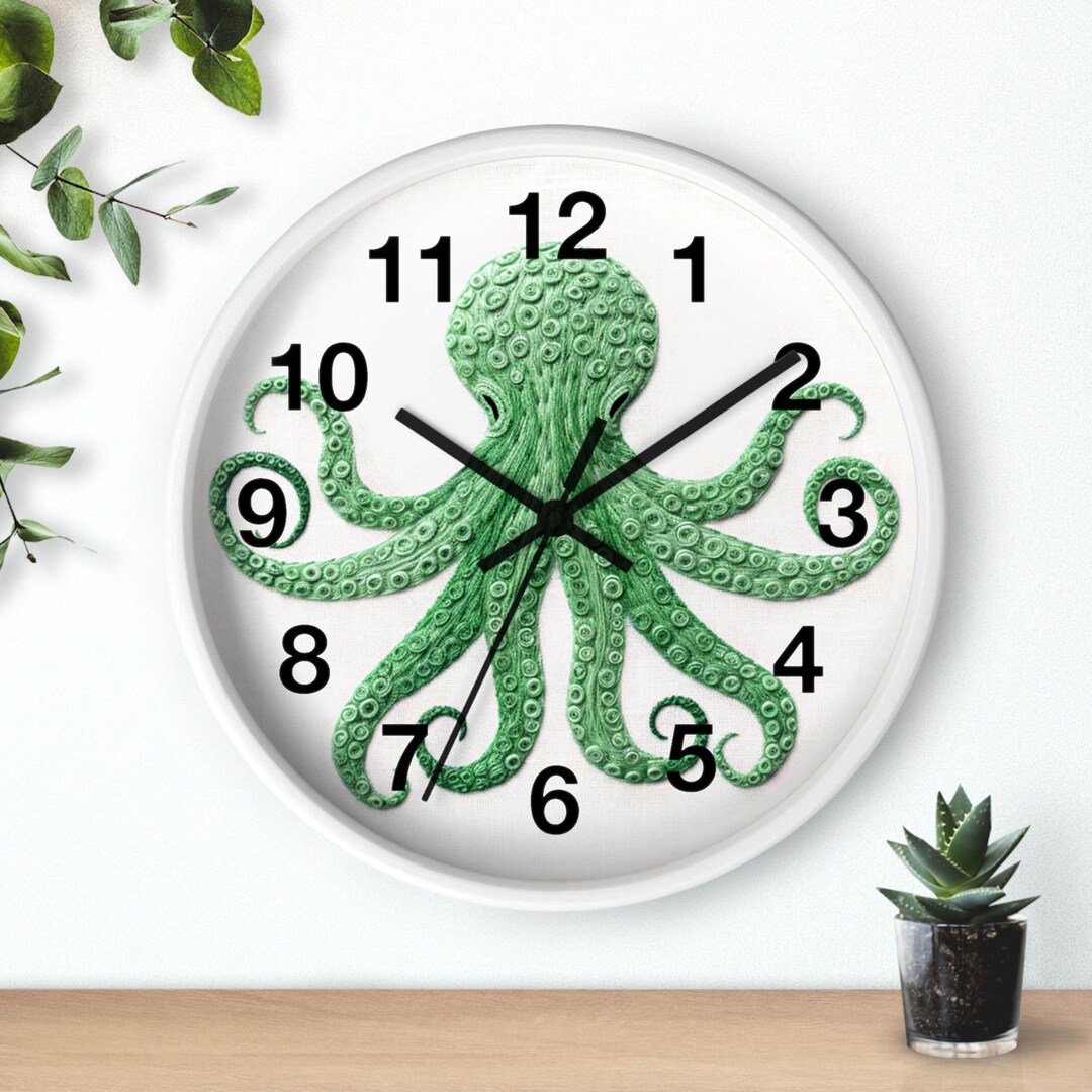 Green Octopus Wall Clock, Embroidery Charm Design, Customizable - Etsy