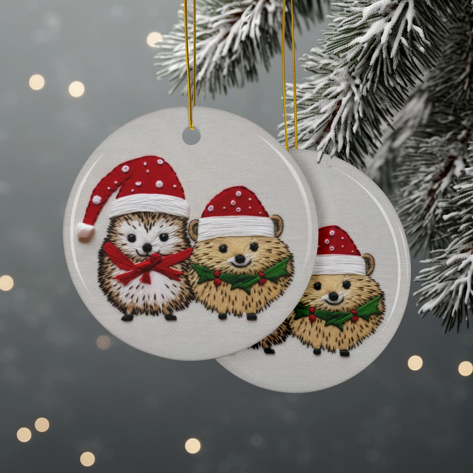 Two Cute Christmas Hedgehogs Ceramic Ornament, Embroidery Inspired ...