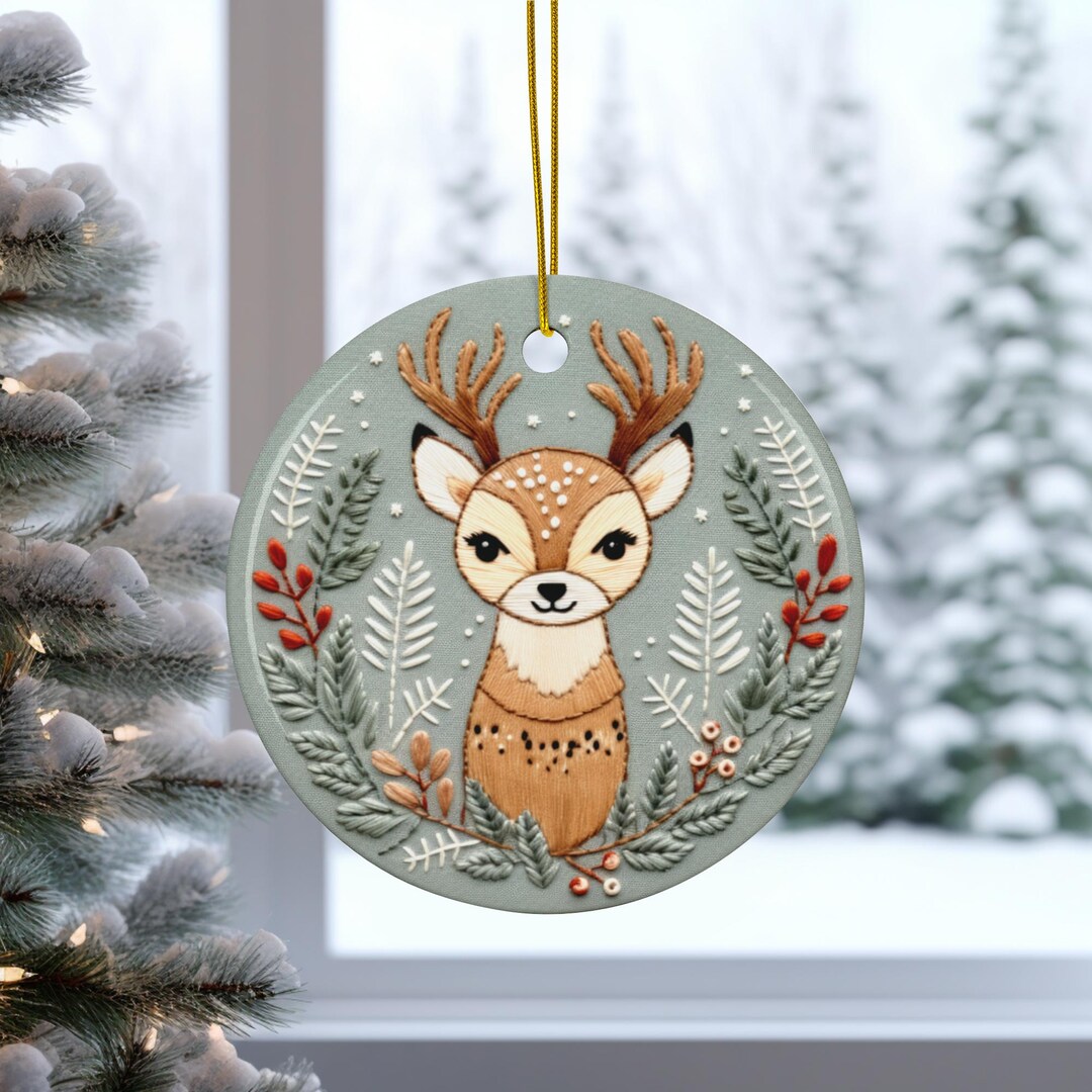 Classic Deer With Wreath Ceramic Ornament, Embroidery Inspired Design ...