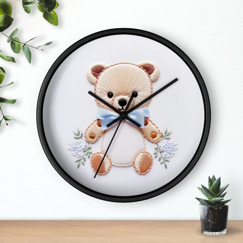 Classic Teddy Bear With Blue Bow Wall Clock, Customizable Options ...