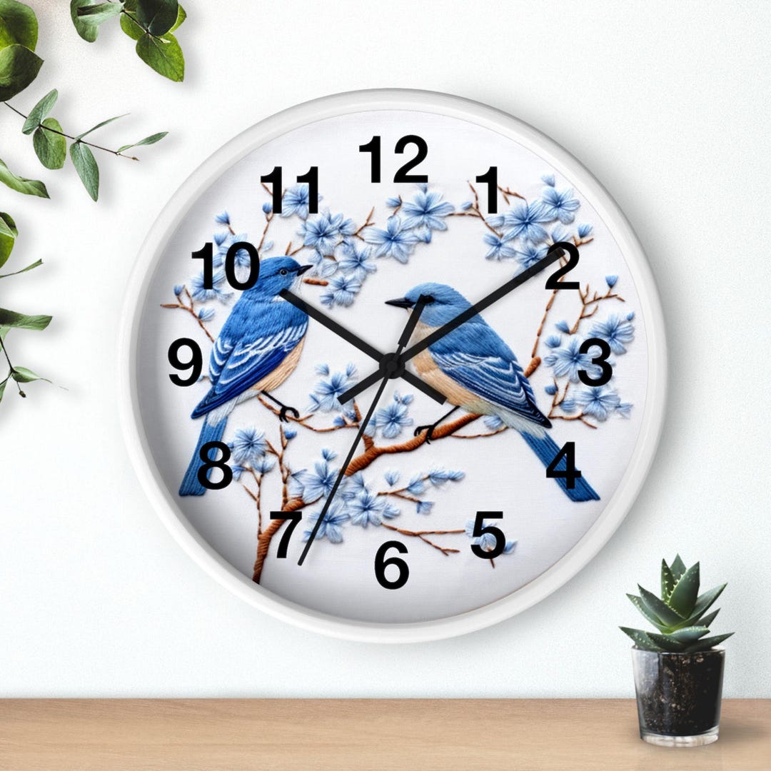 Gentle Blue Birds Wall Clock, Customizable Options, Embroidery Charm ...