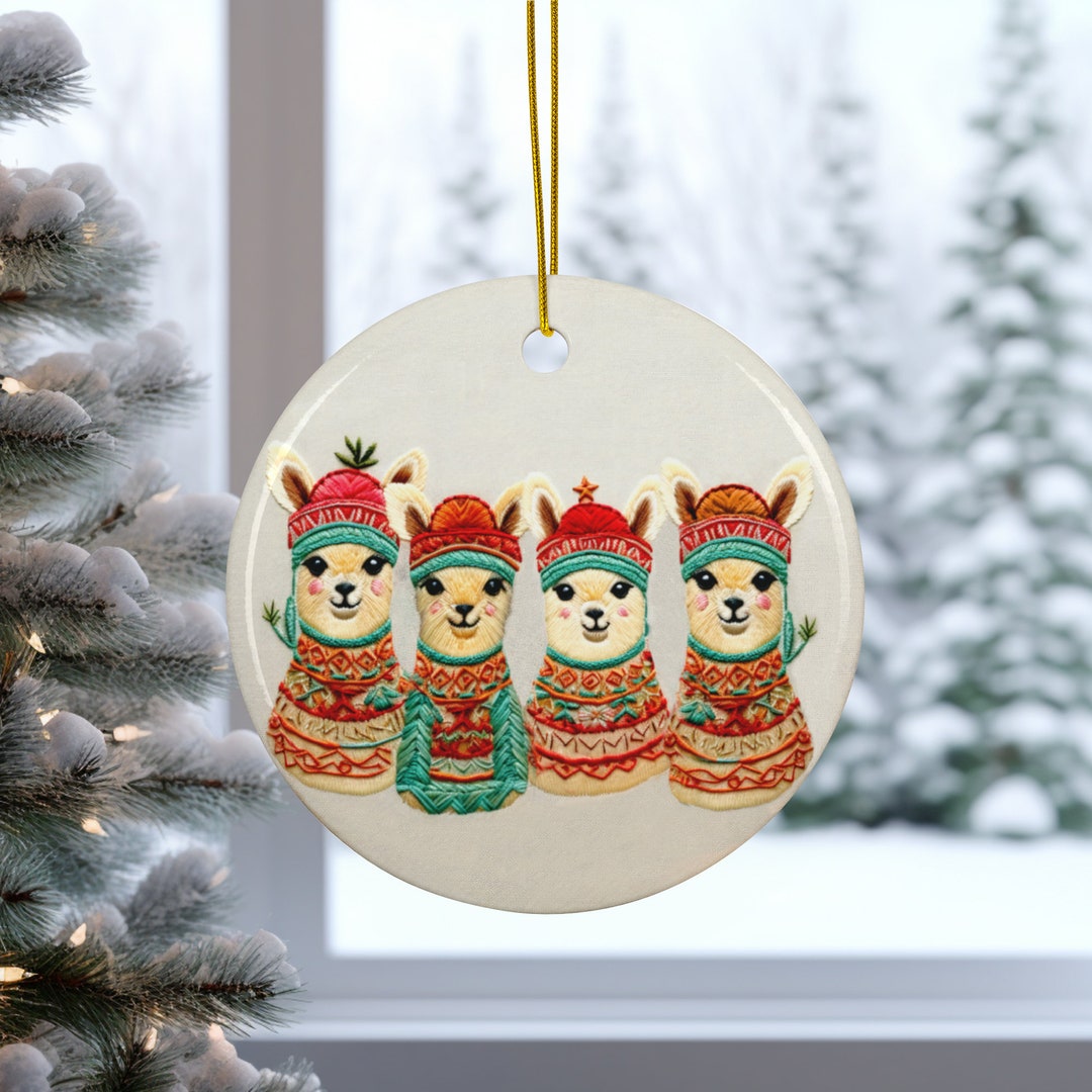 Four All Dressed up Llamas Ceramic Ornament, Embroidery Inspired Design ...