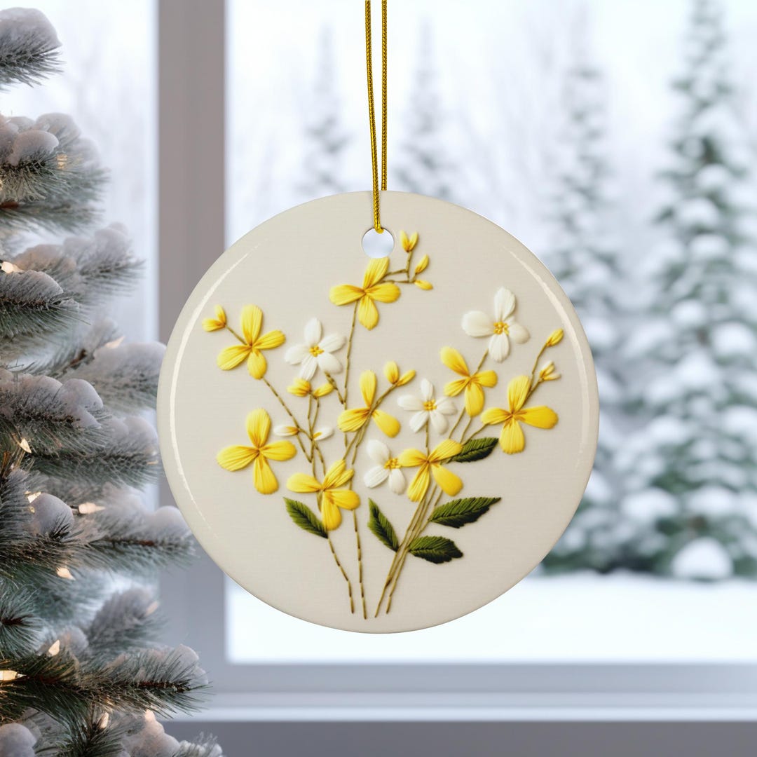Winter Jasmine Blossoms Ceramic Ornament, Embroidery Inspired Design ...