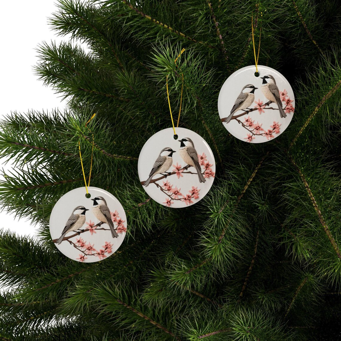 Chickadees on Pink Blossom Ceramic Ornament, Embroidery Inspired Design ...