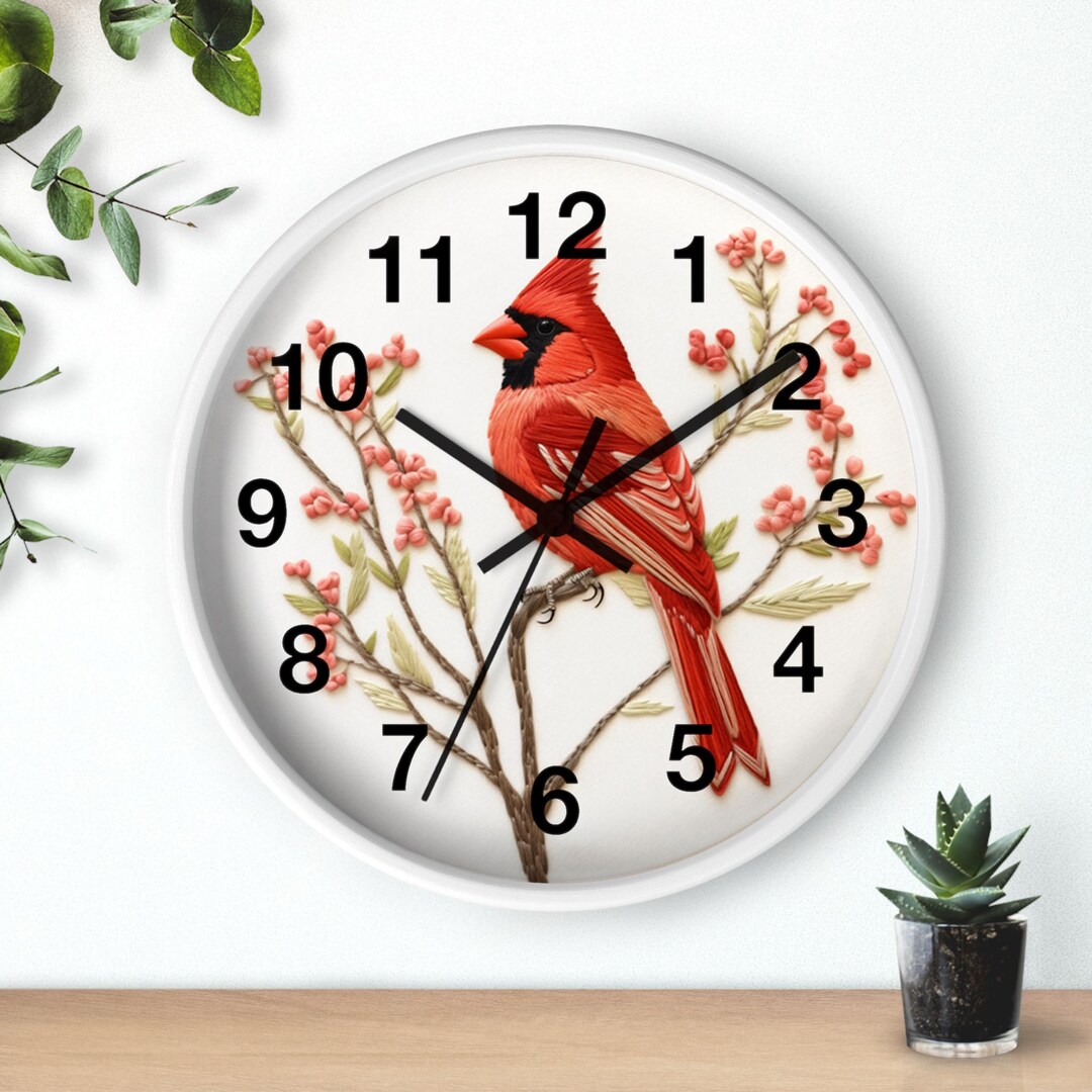 Red Cardinal Wall Clock, Embroidery-inspired Design, Customizable - Etsy