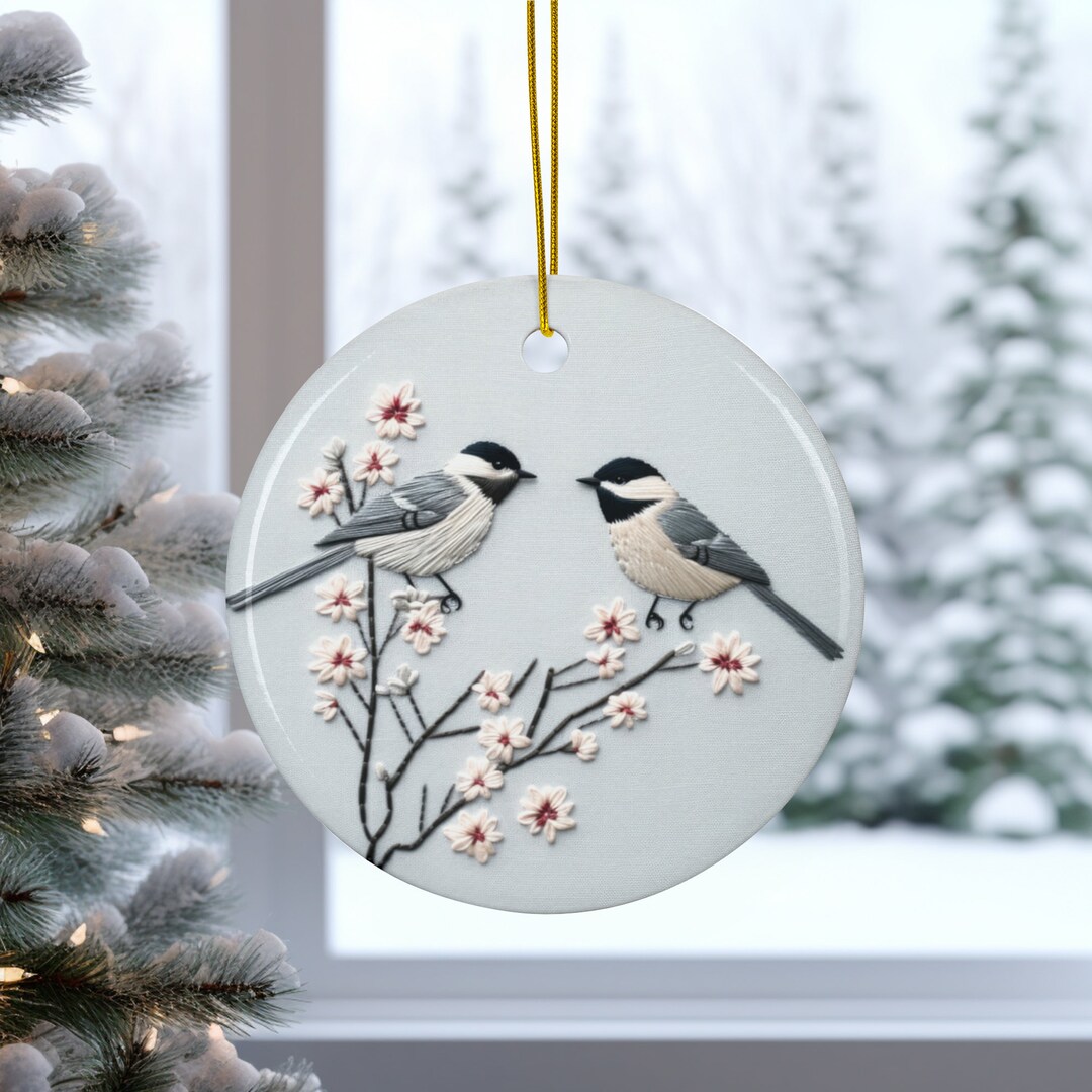 Chickadees on White Blossoms Ceramic Ornament, Embroidery Inspired ...