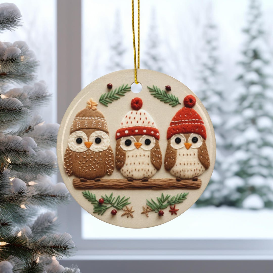 Embroidery Inspired Owls Ceramic Christmas Ornament - Etsy