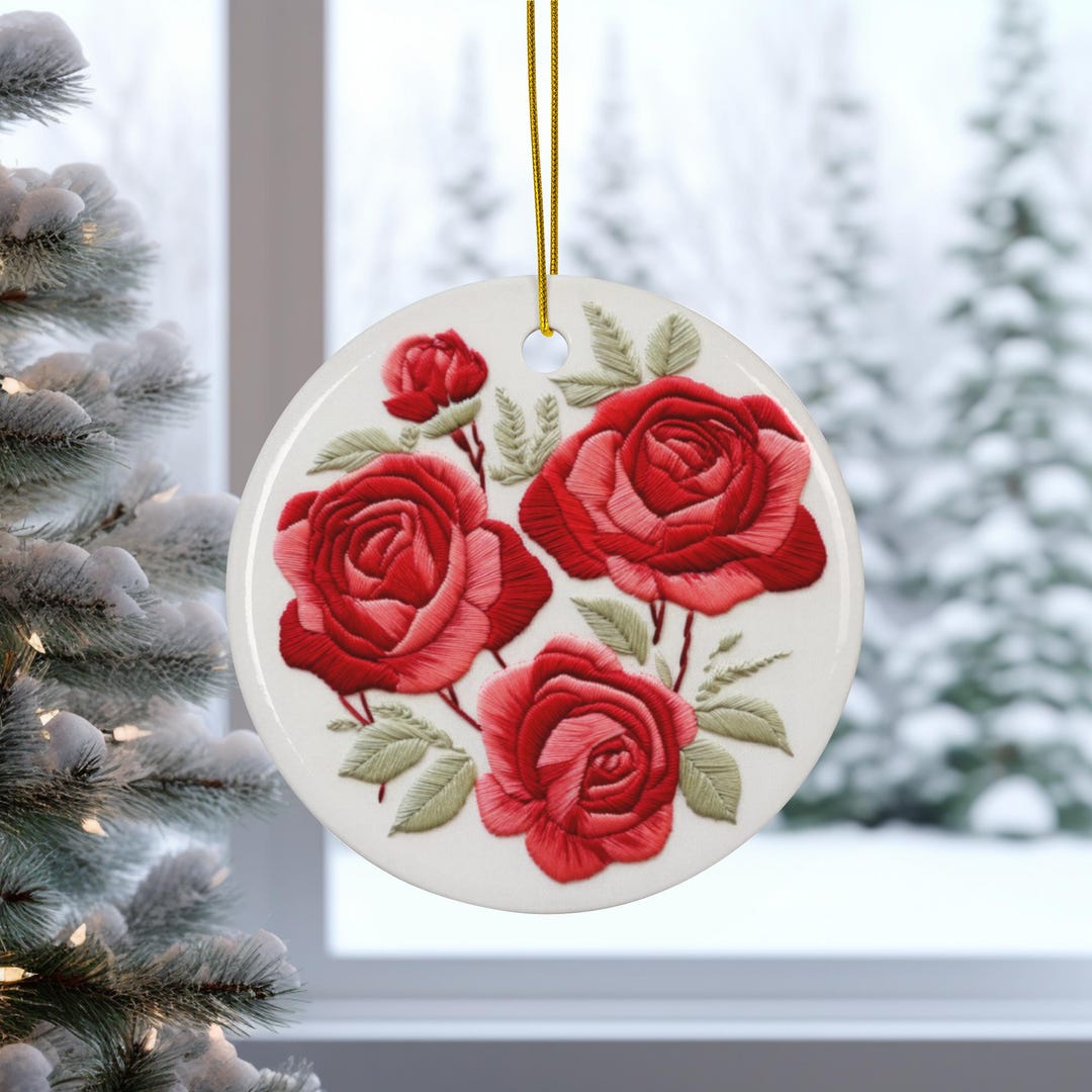 Bold Red Rose Ornament, Embroidery Inspired Design, Floral Holiday ...