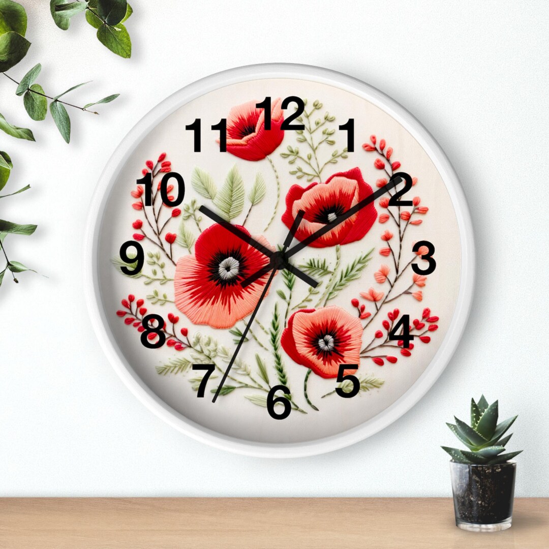 Classic Red Poppies Wall Clock, Customizable Options, Embroidery Charm ...