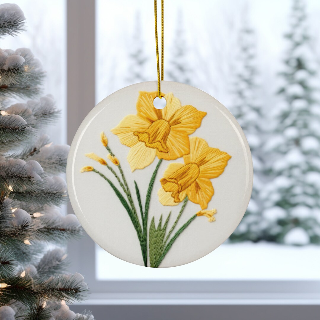 Yellow Daffodil Flowers Ceramic Ornament, Embroidery Inspired Design ...
