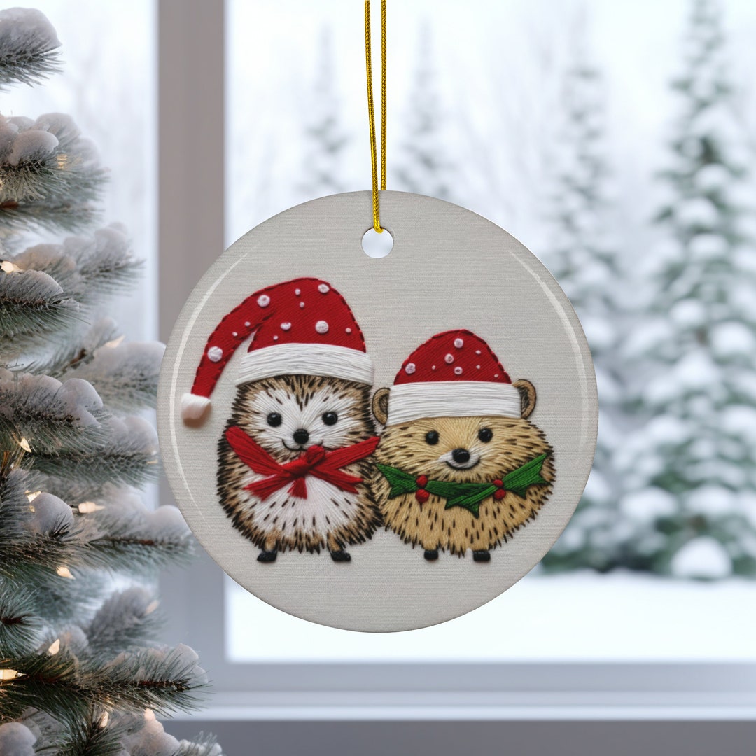 Two Cute Christmas Hedgehogs Ceramic Ornament, Embroidery Inspired ...