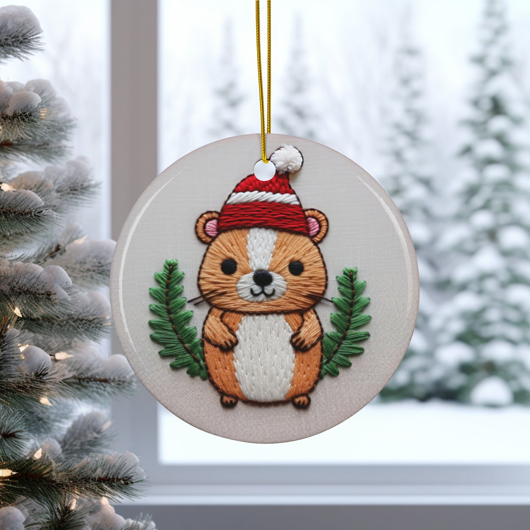 Cute Hamster in Santa Hat Ceramic Ornament, Embroidery Inspired Design ...