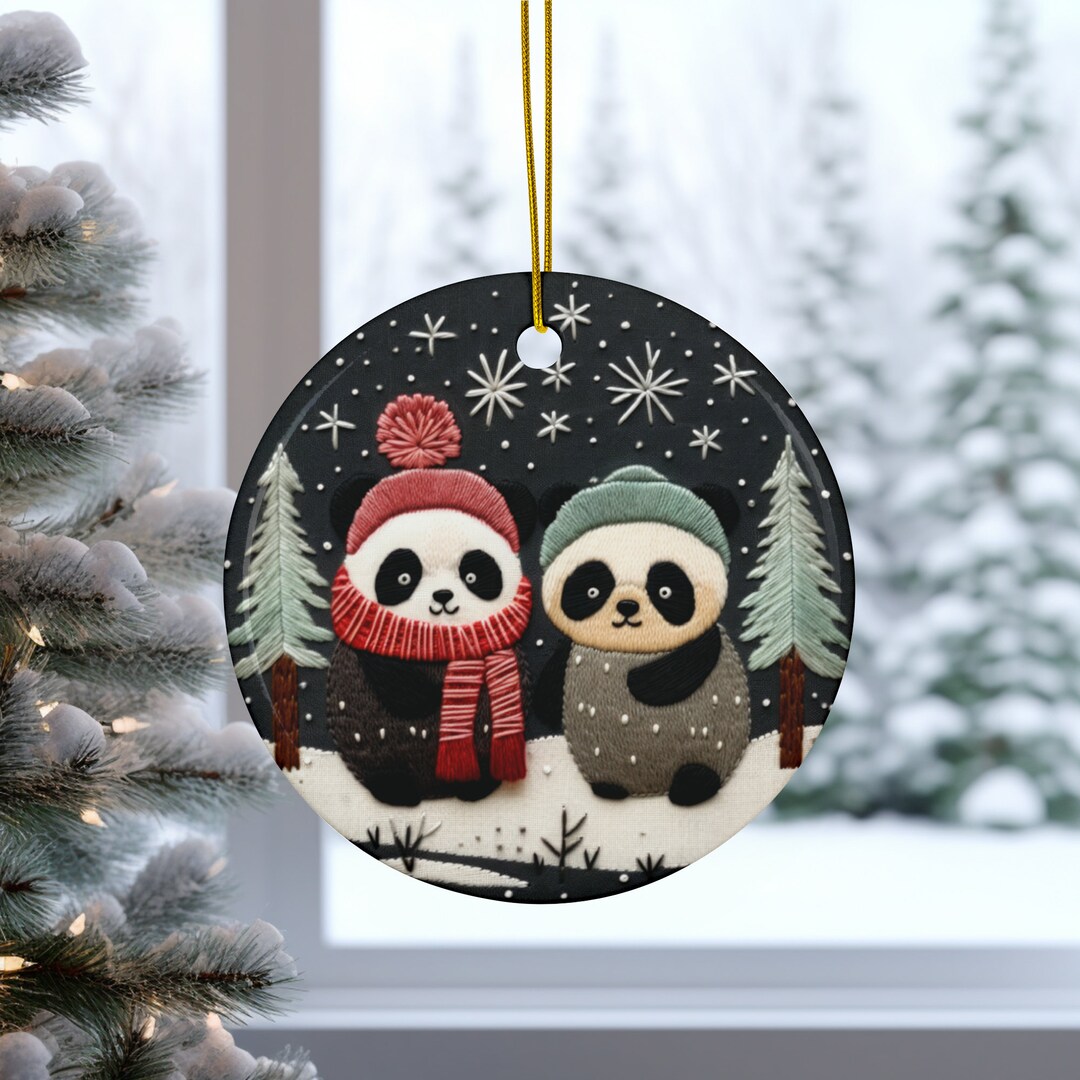 Bundled up Pandas Ceramic Borderless Ornament With Embroidery Inspired ...