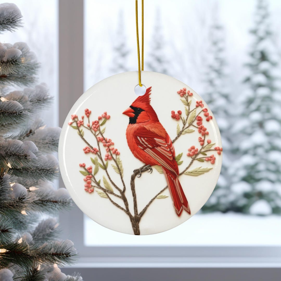 Red Cardinal Ceramic Ornament, Embroidery Inspired Design, Bird Holiday ...