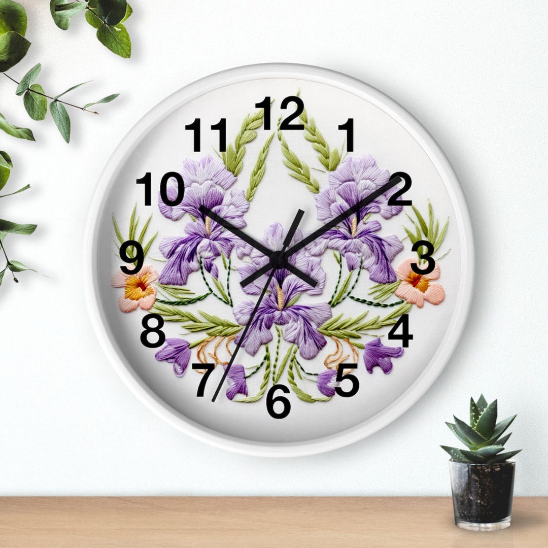 Purple Iris Floral Wall Clock, Embroidery Design, Customizable - Etsy